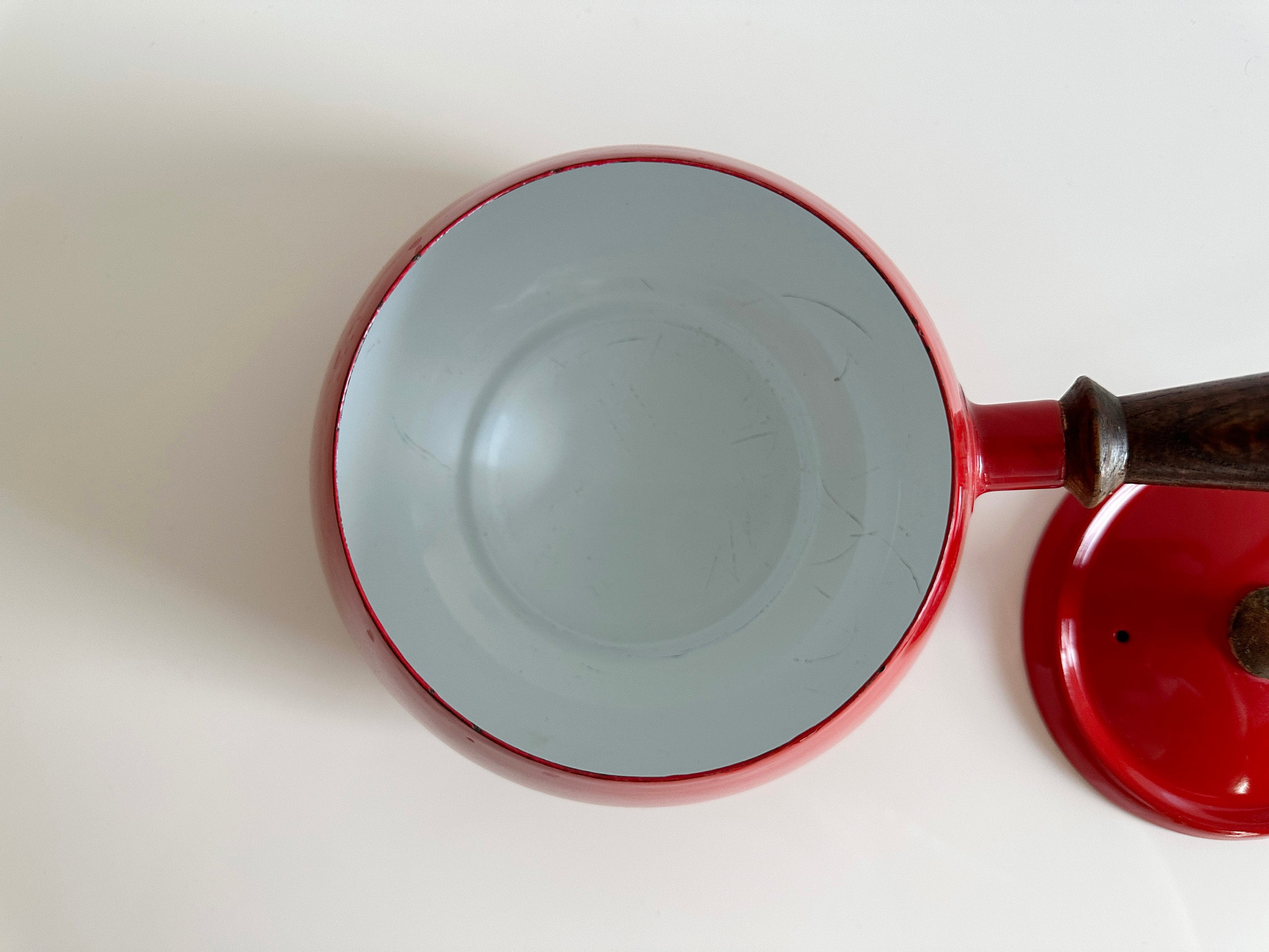 Red Enamel Metal Fondue Pot Teak Wood Handle Mid-century - Etsy