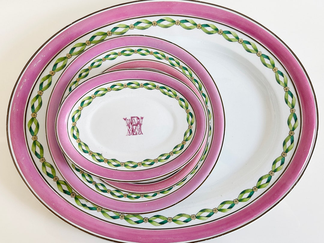 Antique Victorian Dinnerware Pink & Green With Monogram England Vintage ...