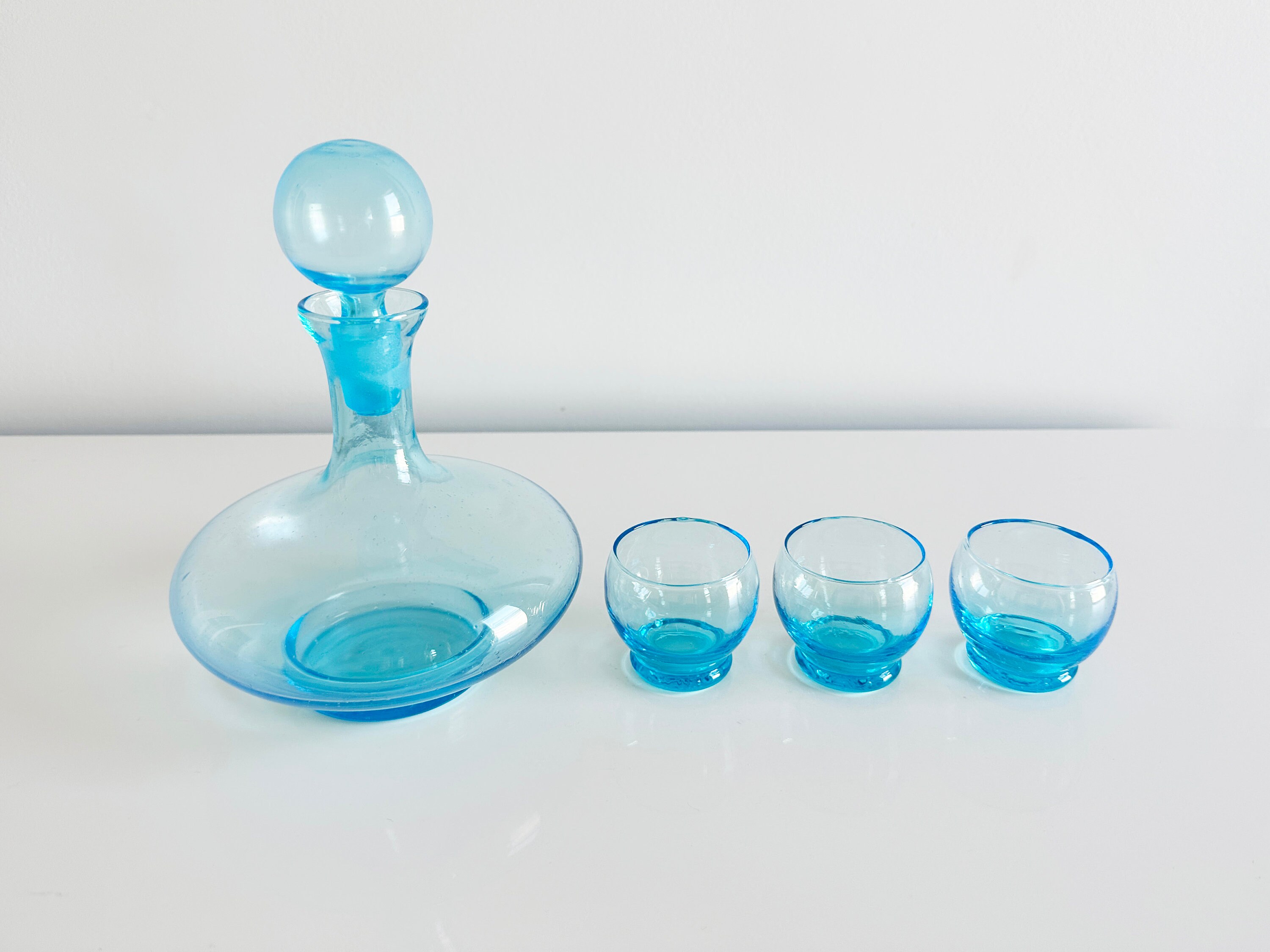 Turquoise Liquor Decanter Glass Bottle With 3 Glasses Grappa ...
