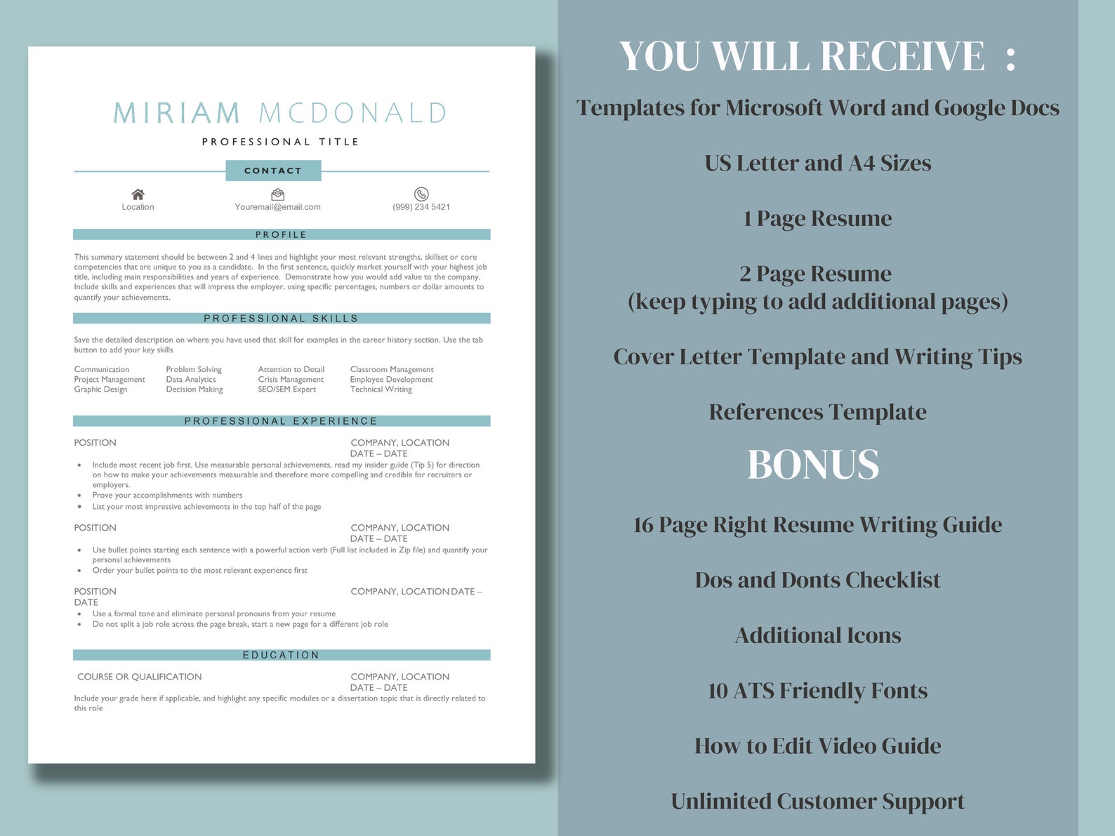Teacher Resume Template Word ATS Education CV Template Google - Etsy