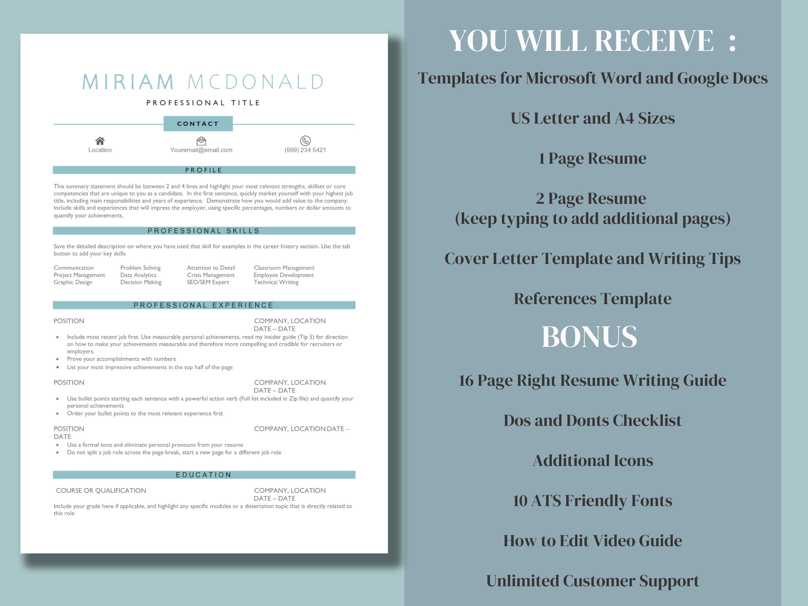 Resume Template Word ATS, CV Template Google Docs, Professional Resume ...