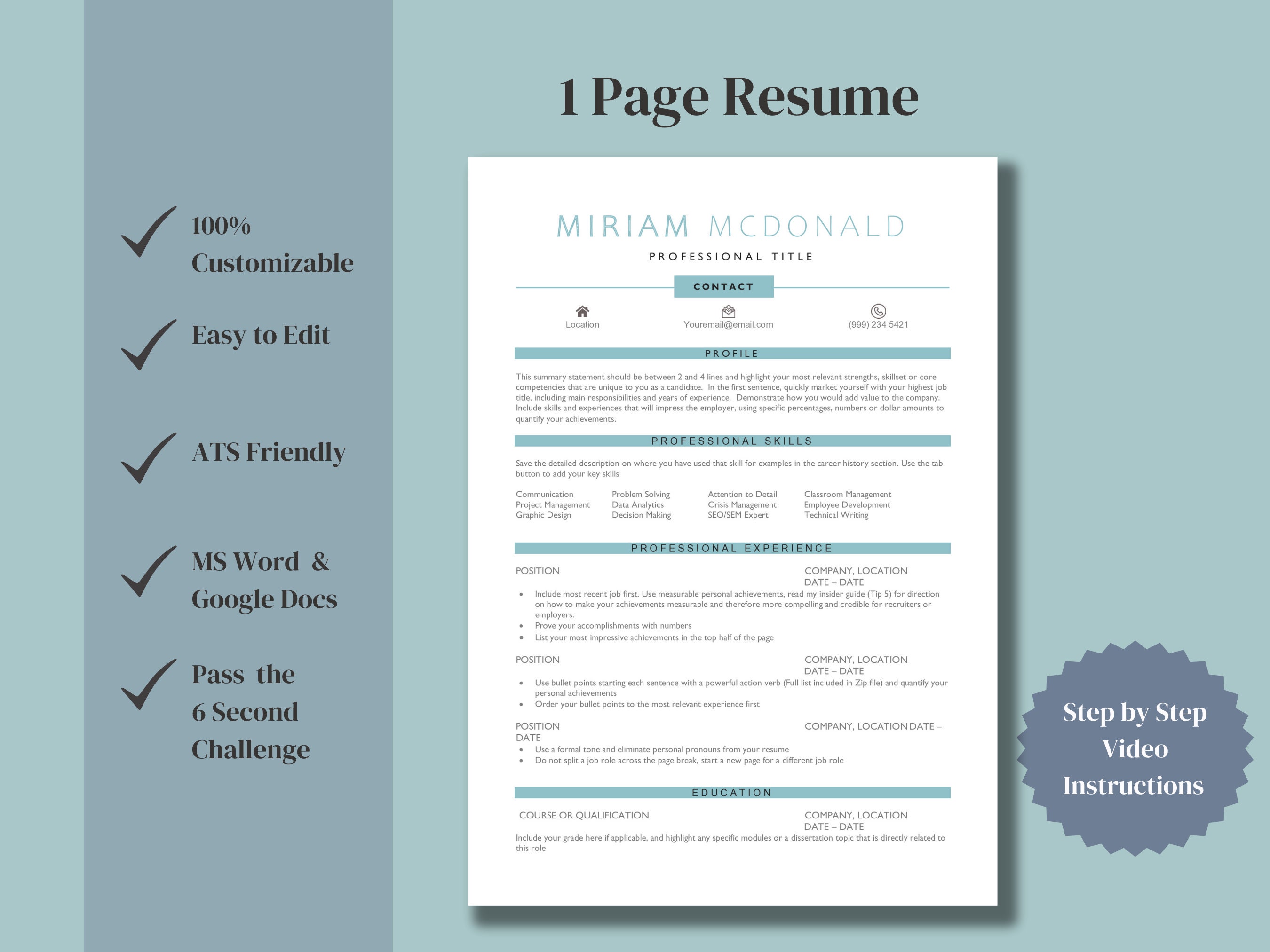 Resume Template Word ATS, CV Template Google Docs, Professional Resume ...
