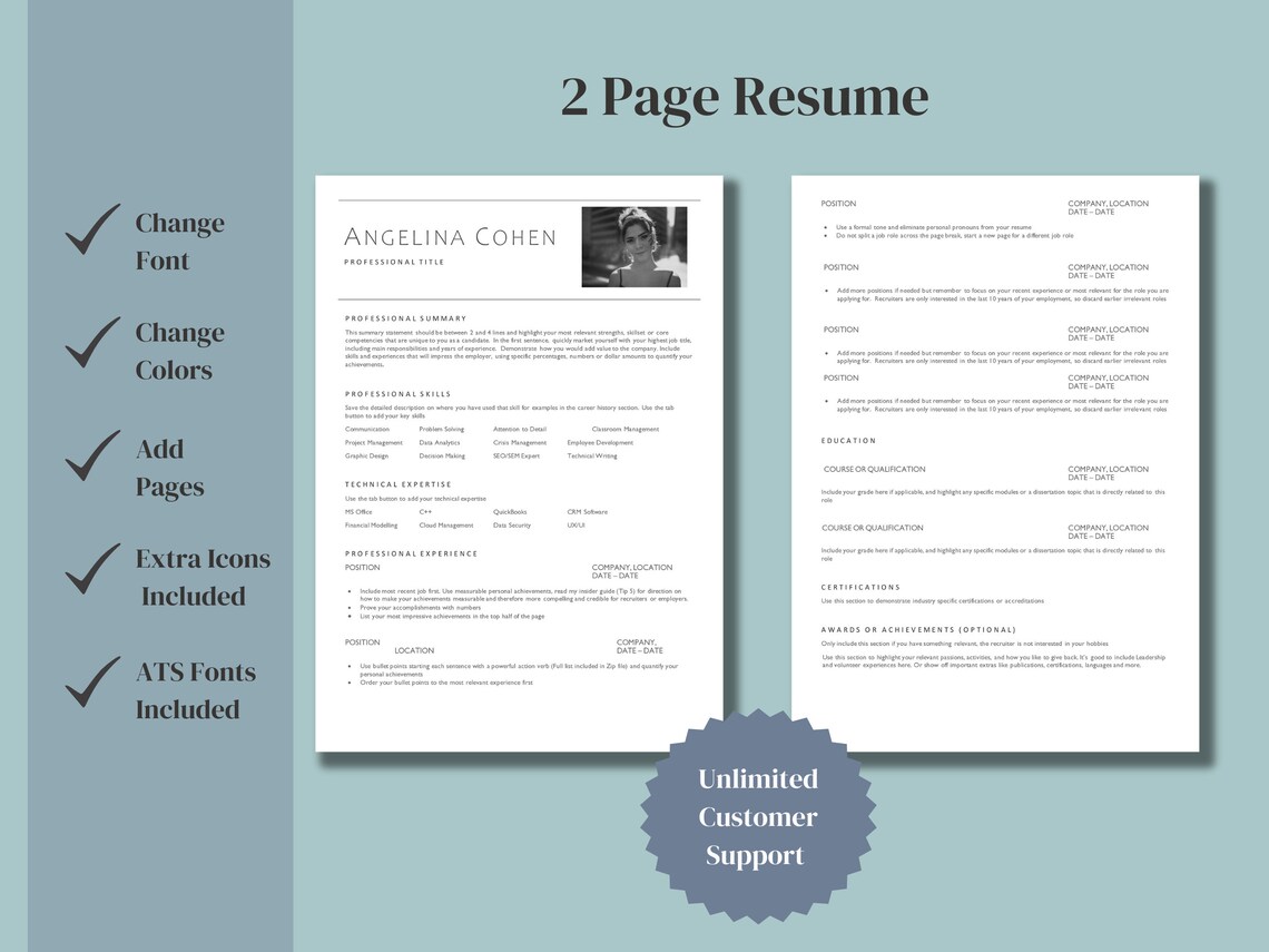Ats Resume Google Docs, CV Template UK, Resume With Photo, Professional ...