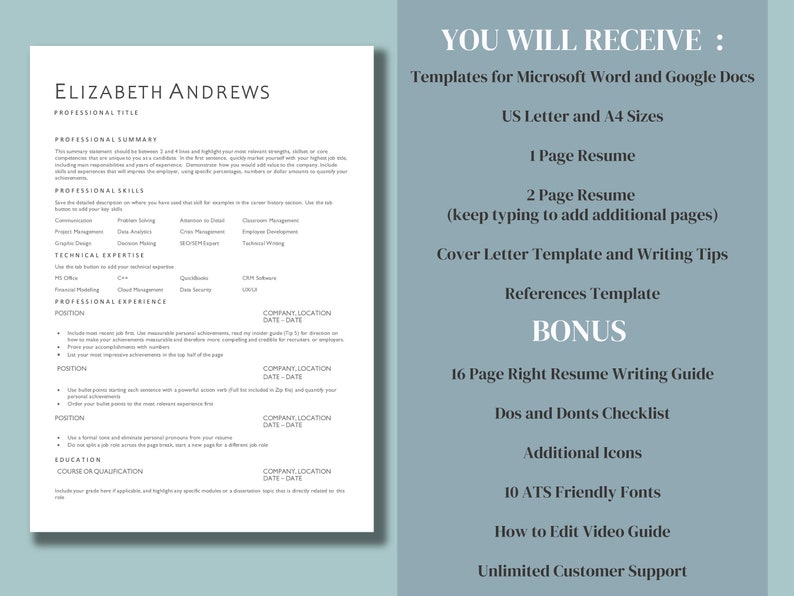 ATS Friendly Curriculum Vitae Simple CV Resume Template - Etsy
