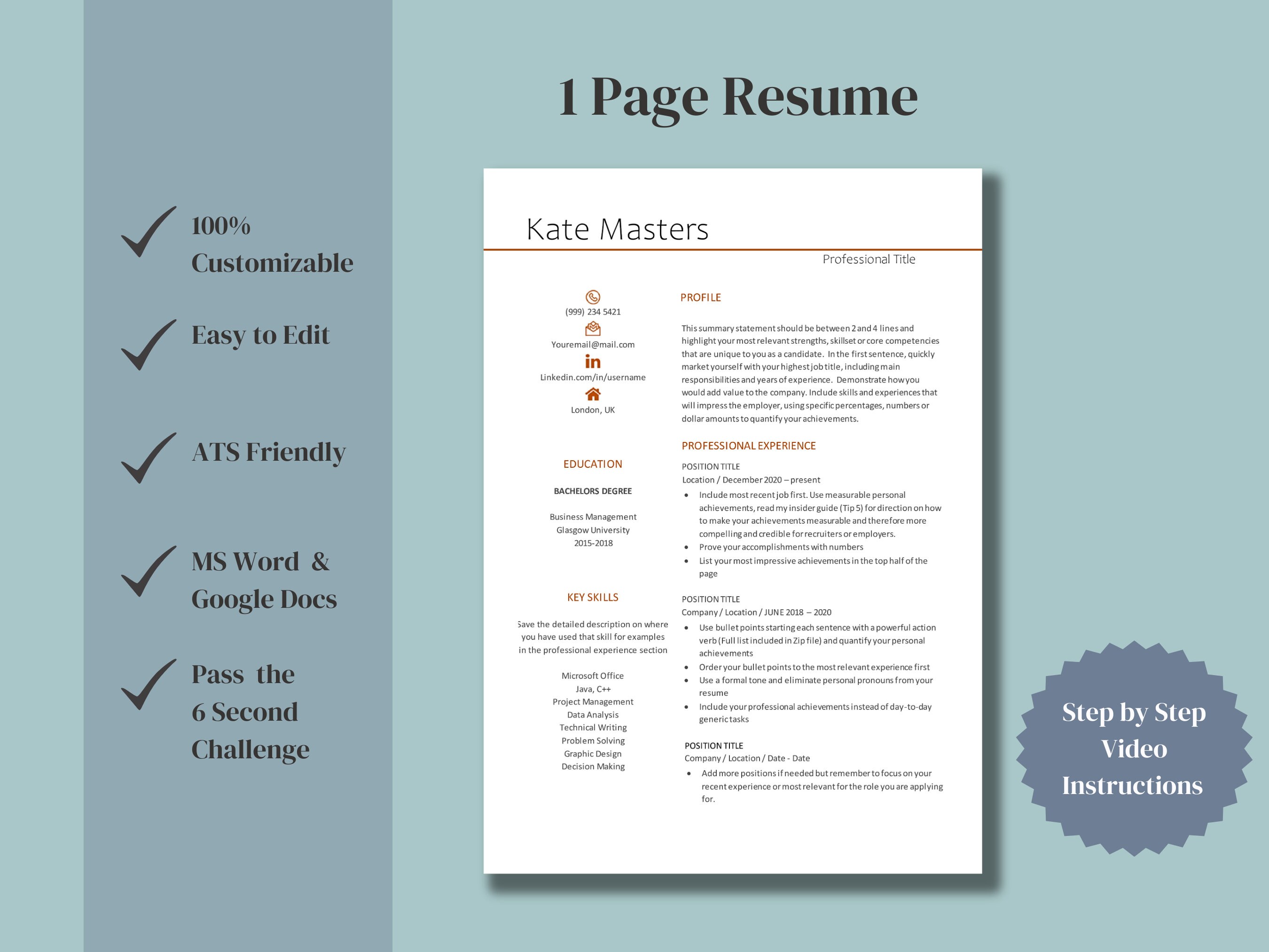 Minimalist Resume Template, Job Application, Simple Clean CV Word ...