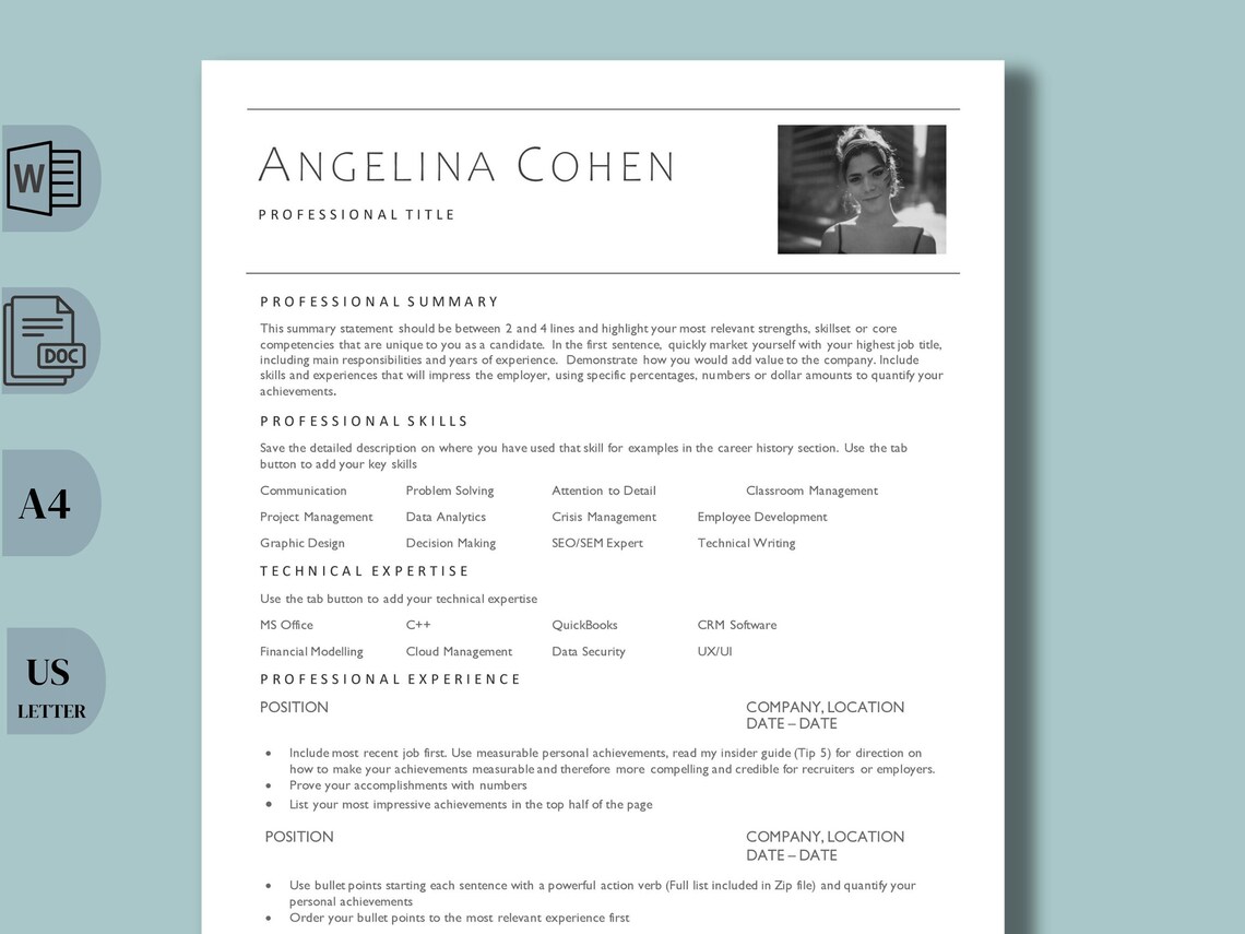Ats Resume Google Docs, CV Template UK, Resume With Photo, Professional ...