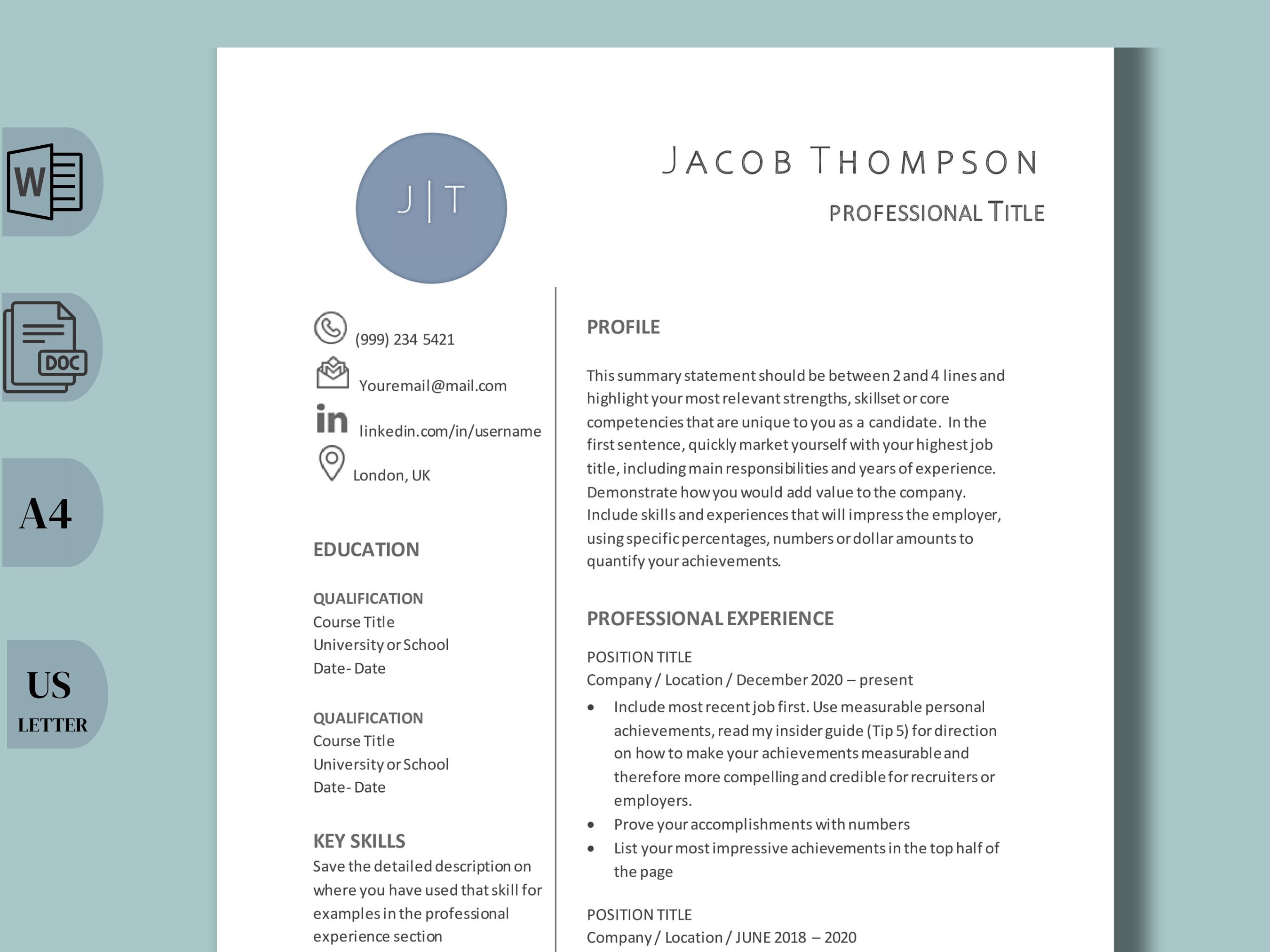 CV Resume Template Modern Two Column Resume Google Docs - Etsy
