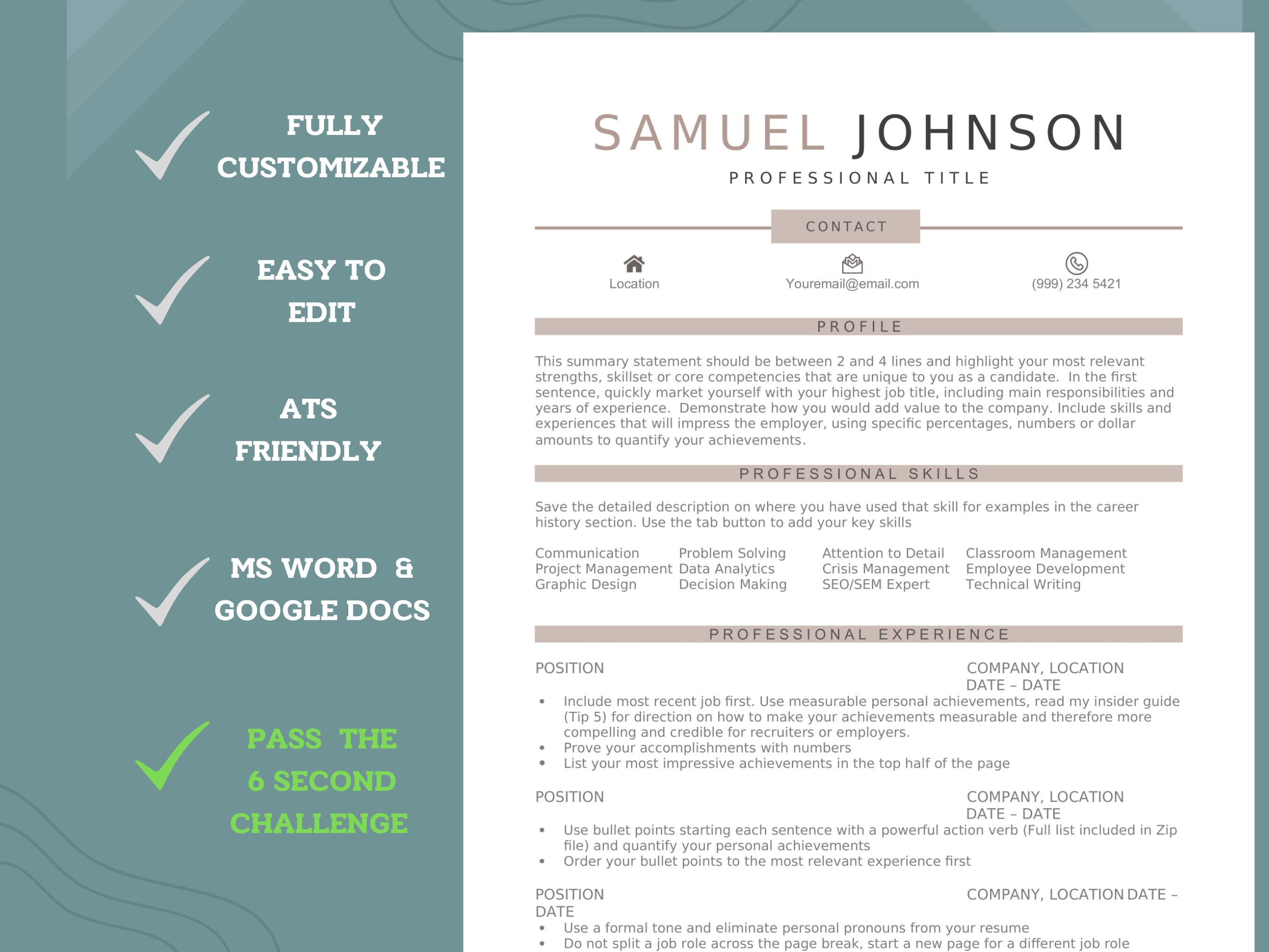 Modern Ats Friendly Resume Template CV Google Docs Simple - Etsy UK
