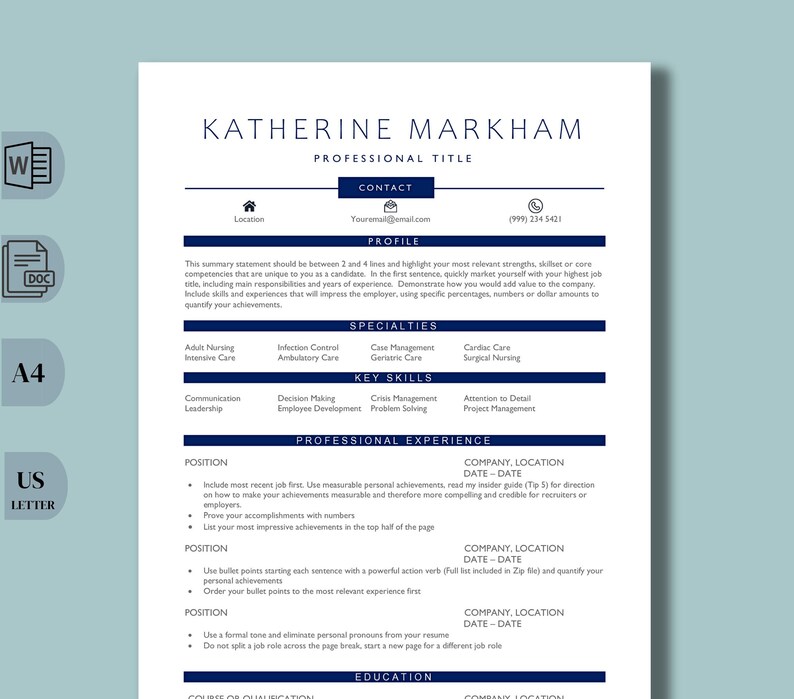 Nurse Resume Template Word, RN 2 Page Resume, New Grad Nurse Resume ...