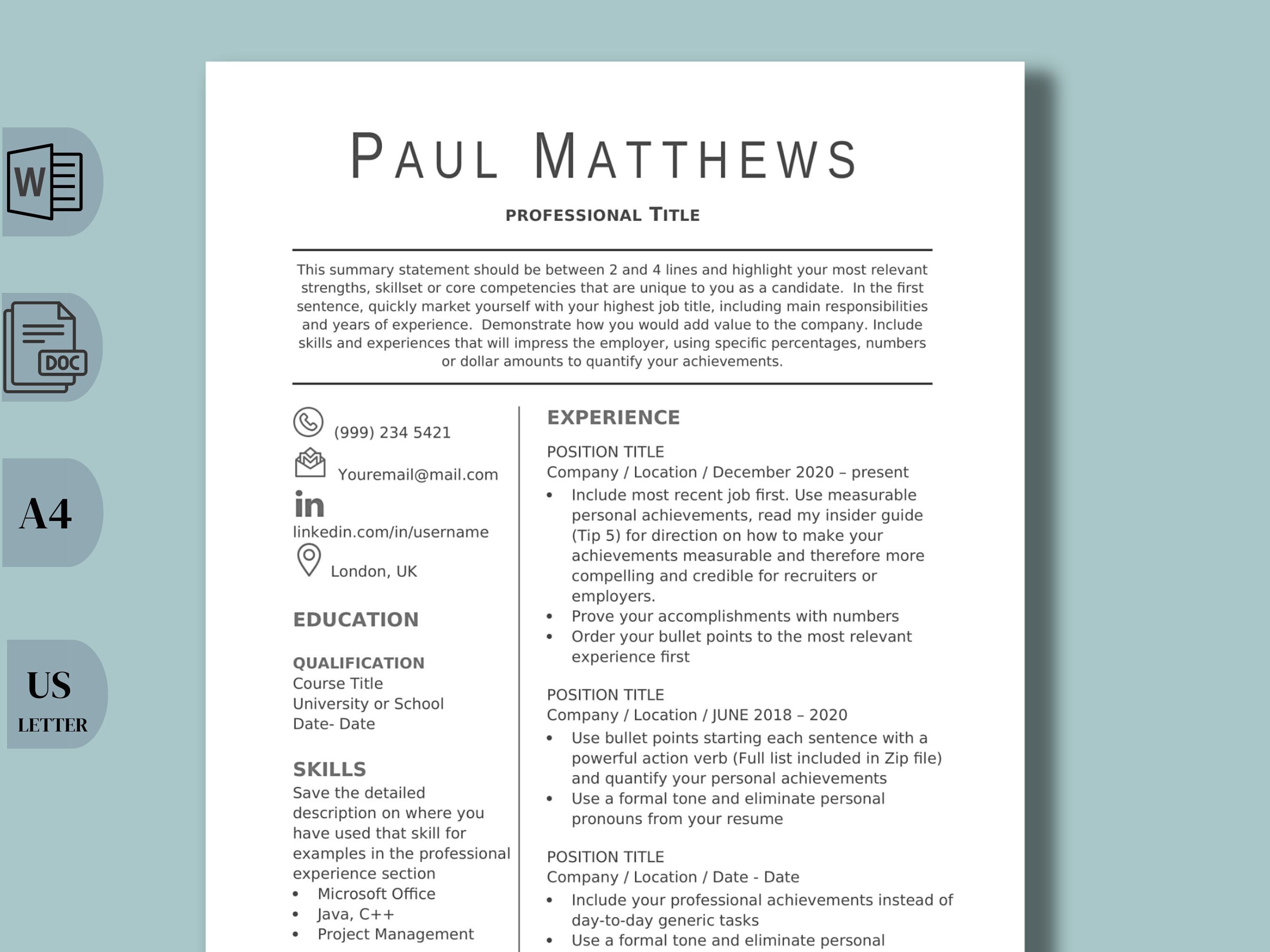 Curriculum Vitae, Easy CV Template, Resume Template Word, Lebenslauf ...
