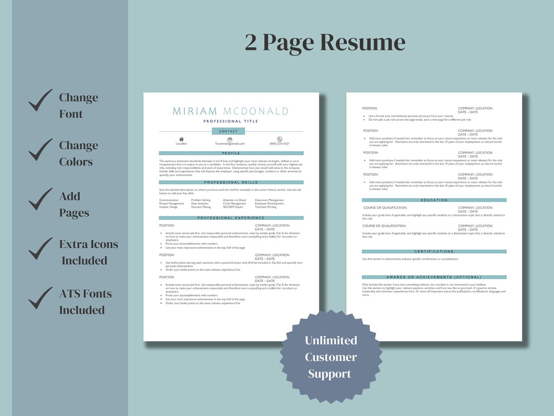 Resume Template Word ATS, CV Template Google Docs, Professional Resume ...