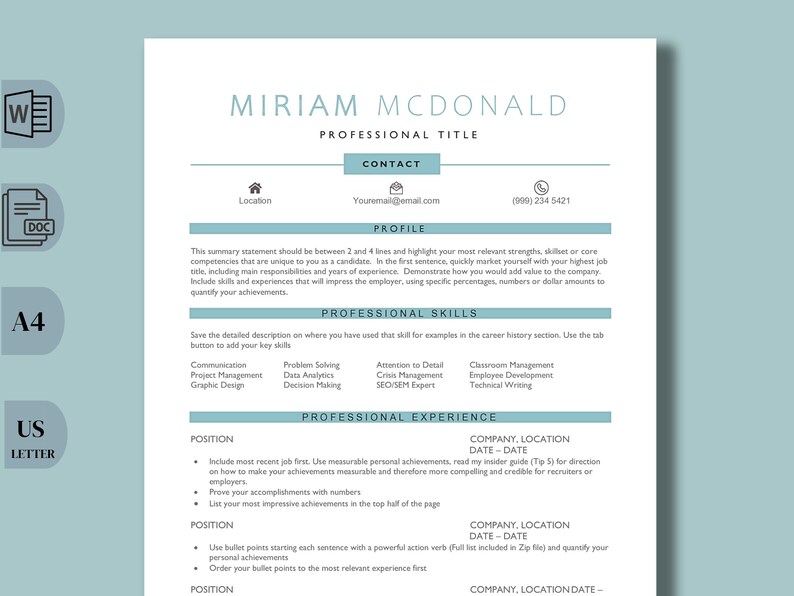 Teacher Resume Template Word ATS Education CV Template Google - Etsy