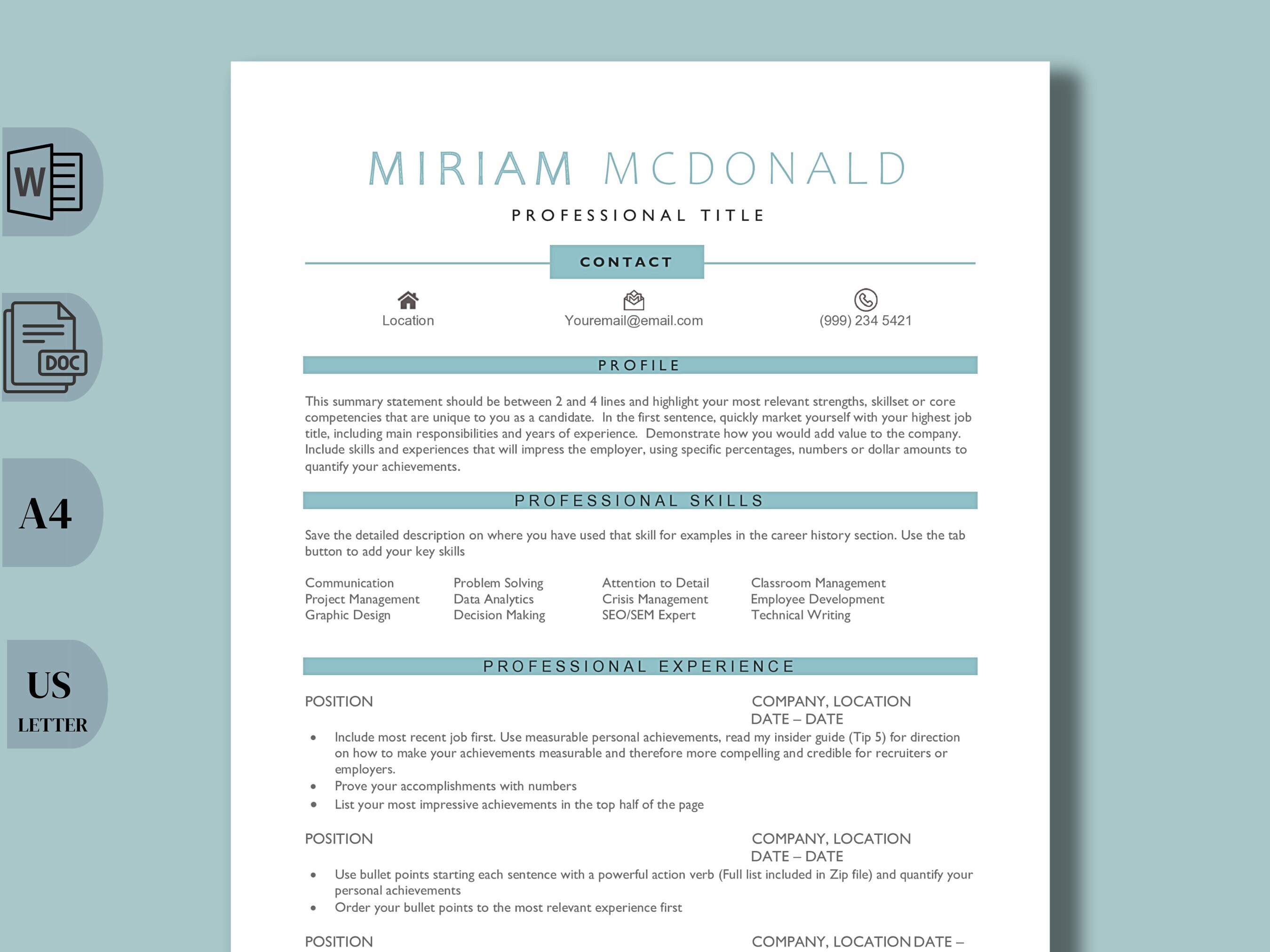 Teacher Resume Template Word ATS Education CV Template Google - Etsy