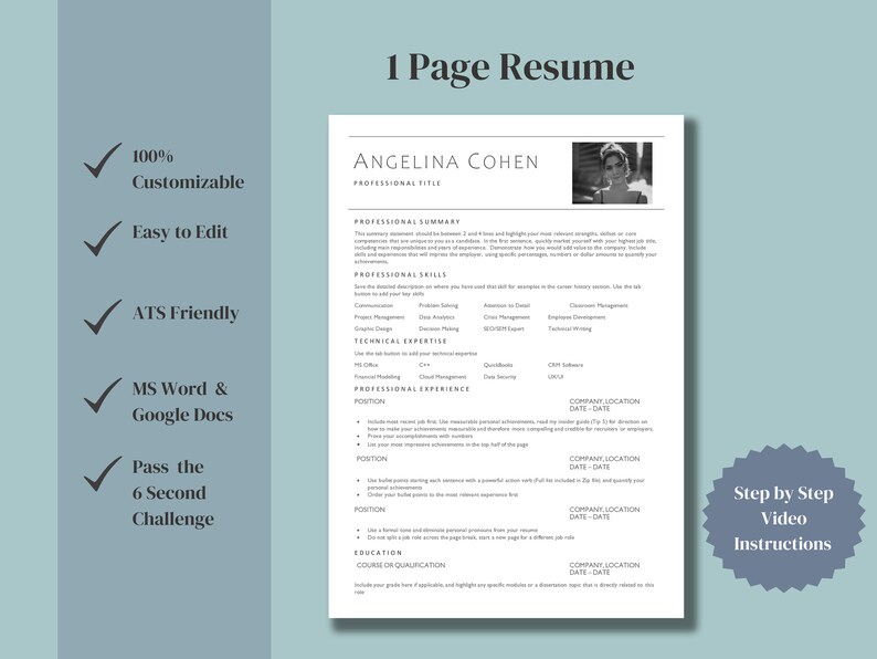 Ats Resume Google Docs, CV Template UK, Resume With Photo, Professional ...