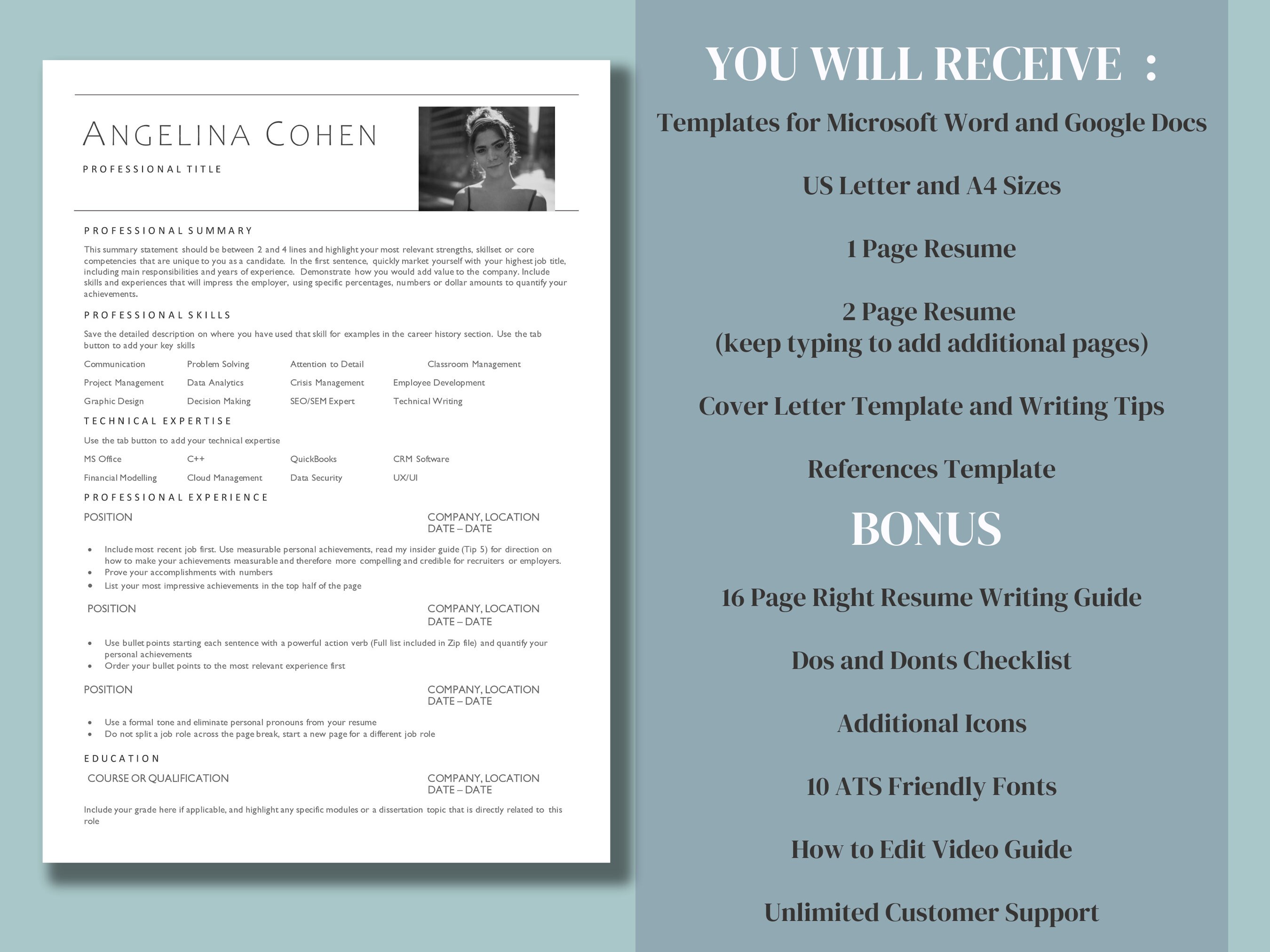 Ats Resume Google Docs, CV Template UK, Resume With Photo, Professional ...