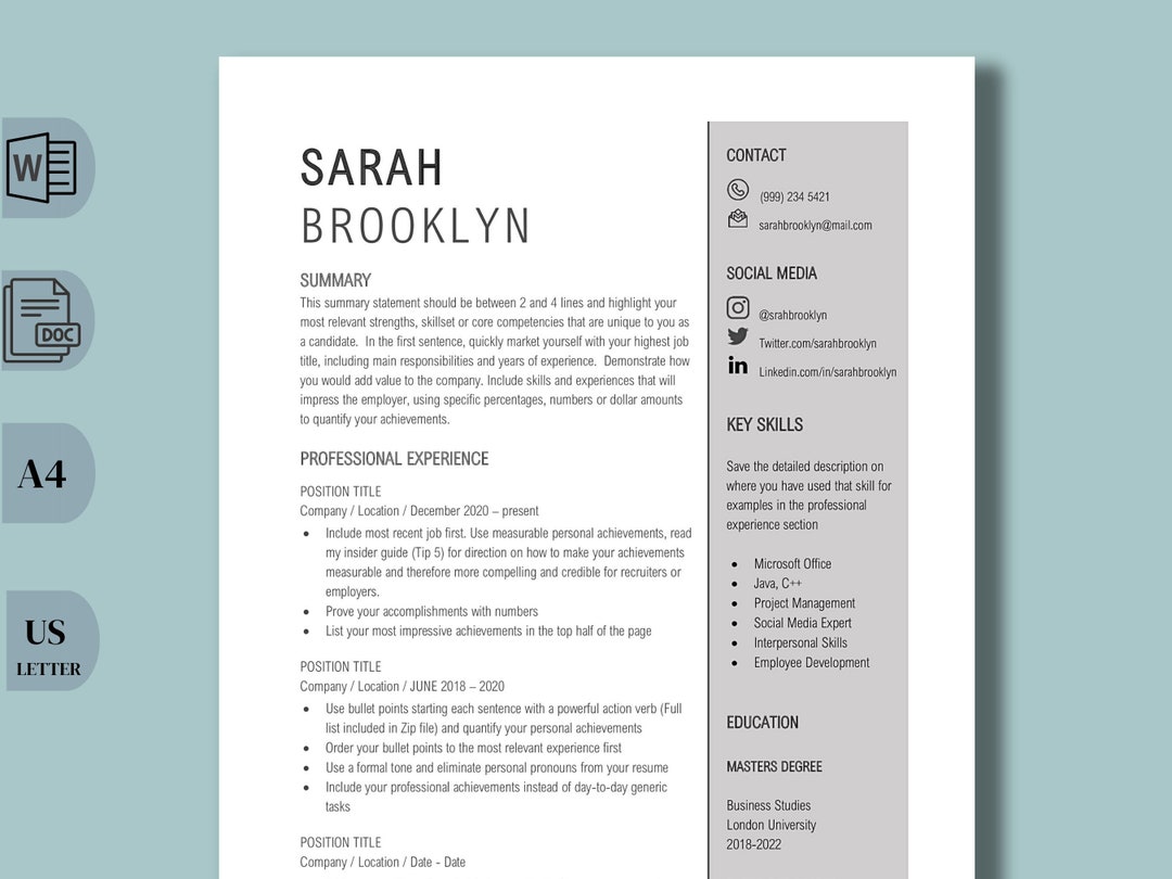 Modern CV Template for MS Word Google Docs College Resume - Etsy