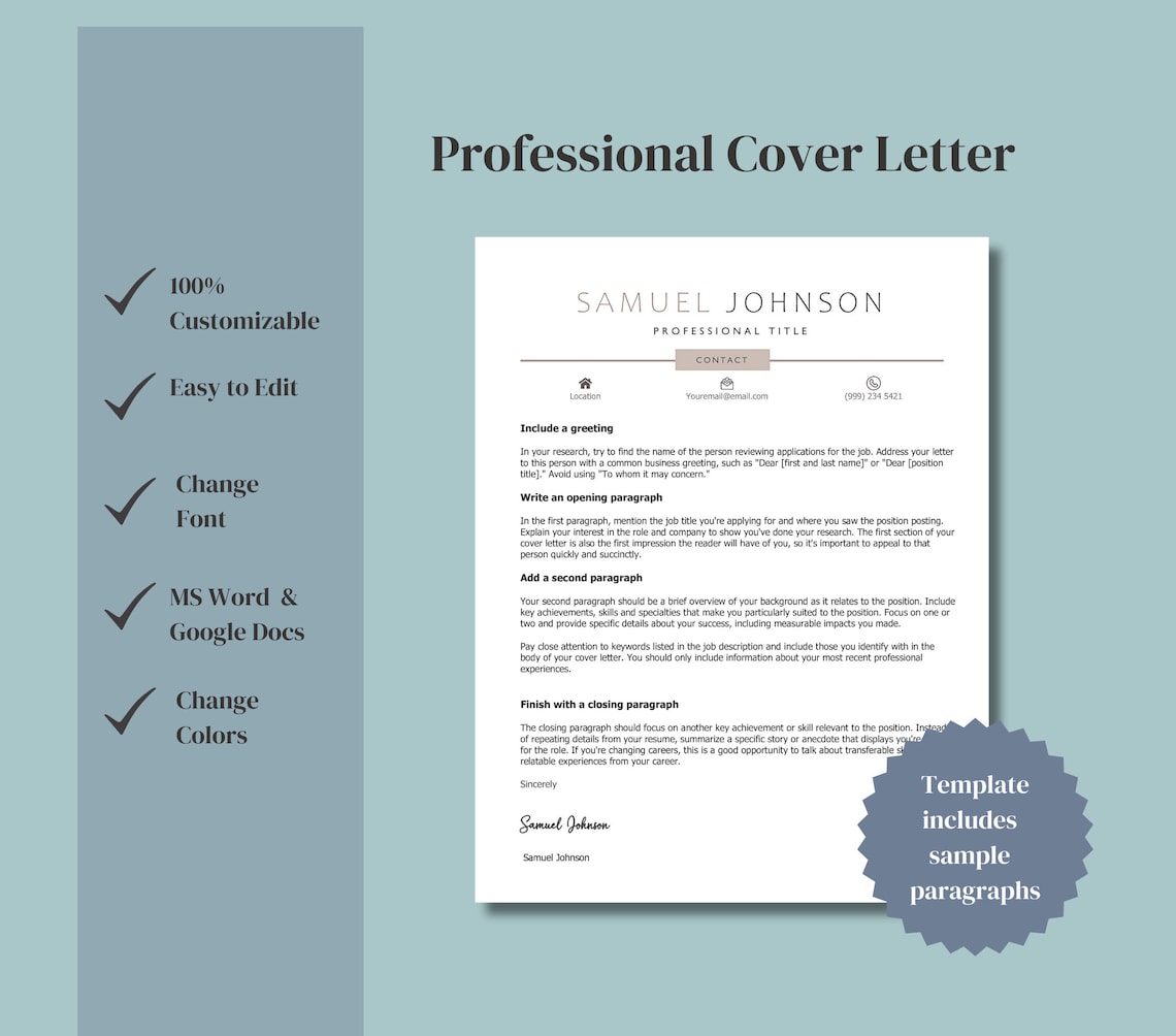 Cover Letter Template for Resume CV Cover Letter Word - Etsy