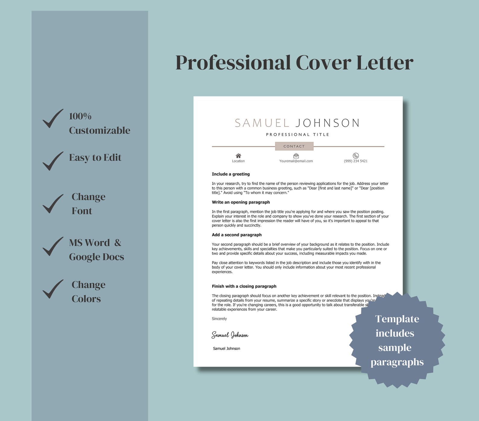 Cover Letter Template for Resume CV Cover Letter Word - Etsy