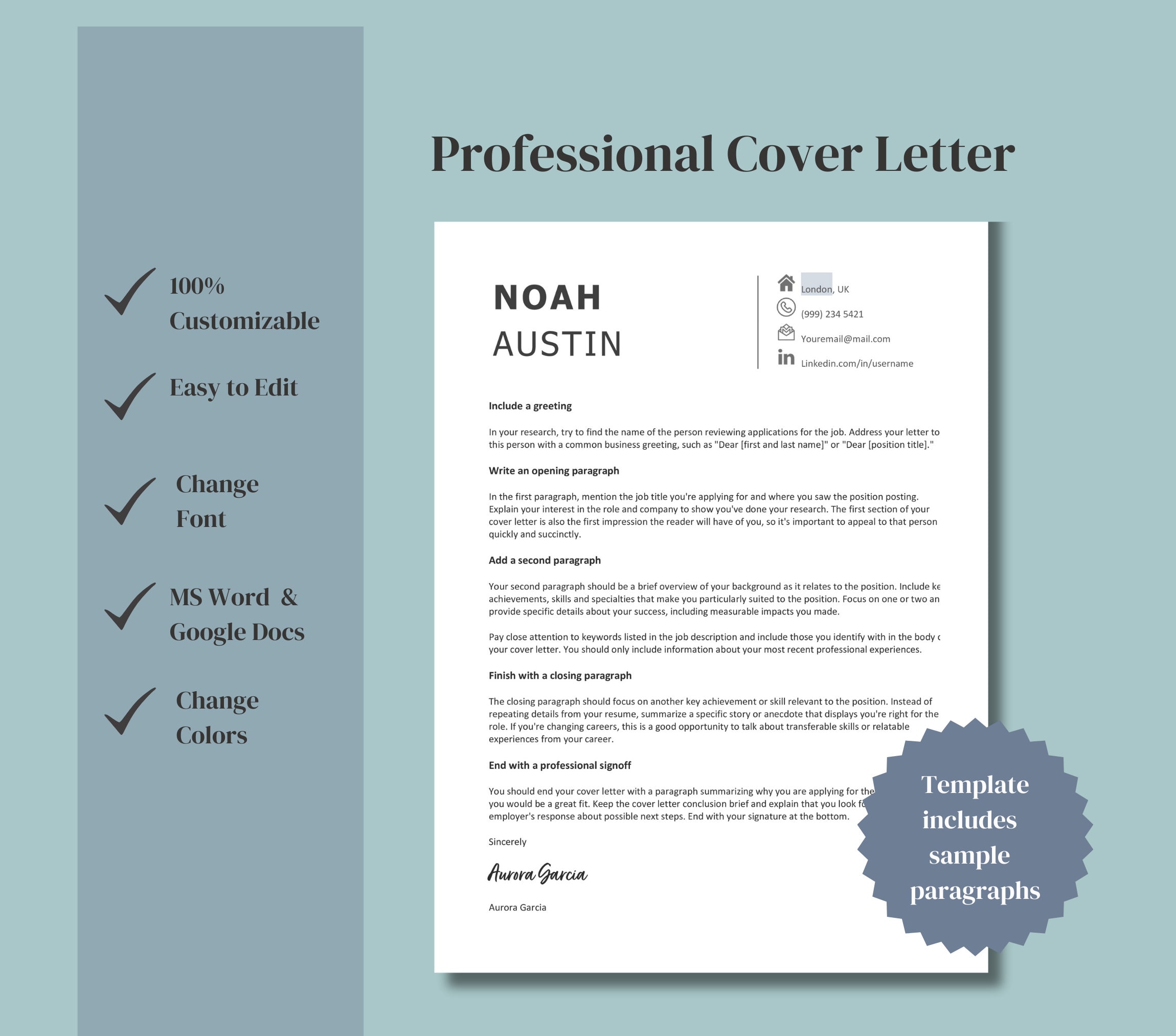 Simple Cover Letter Template for Resume, Google Docs, MS Word, CV Cover ...