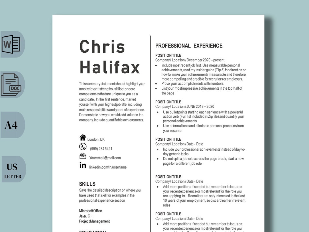 Simple Resume Template Word, Resume Template Modern, Professional CV ...