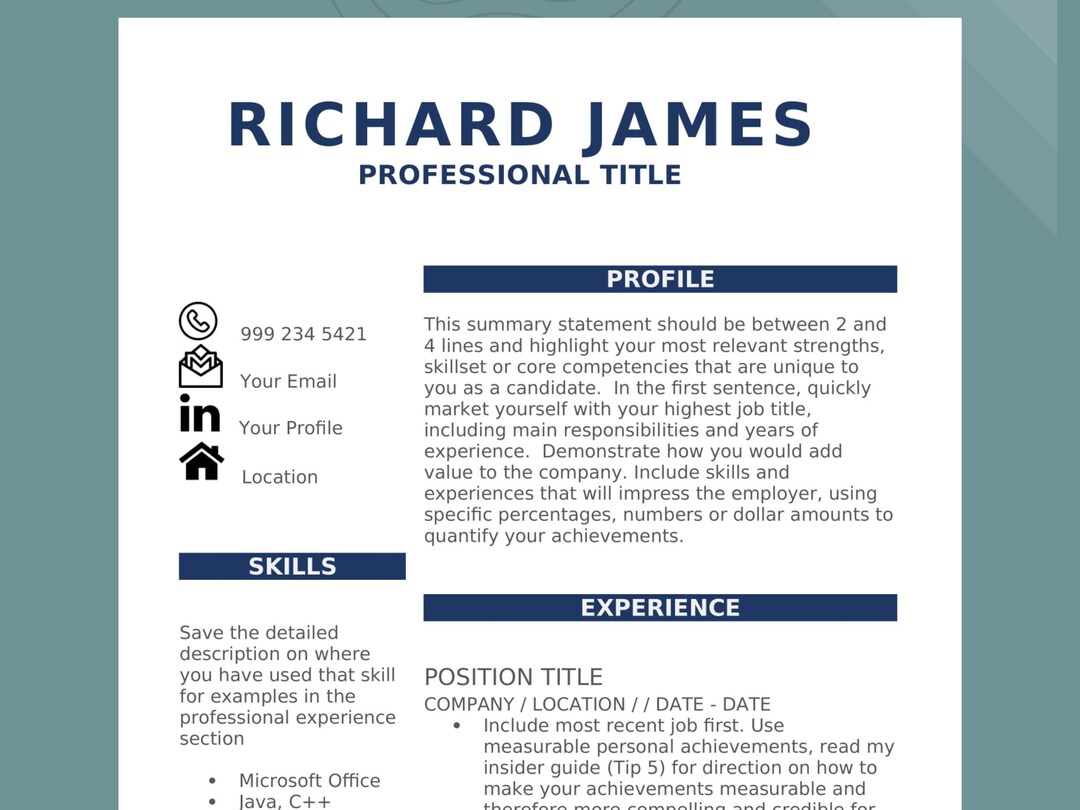 Resume for Google Docs Tech Resume Word Template CV - Etsy