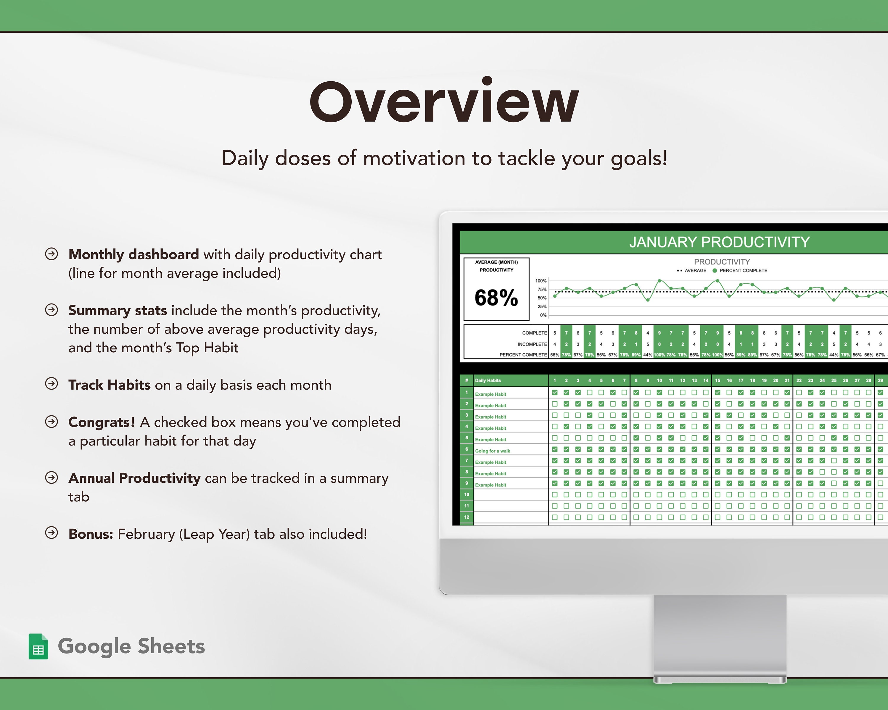 Daily Habit Tracker Template (green) | Productivity | Google Sheets ...