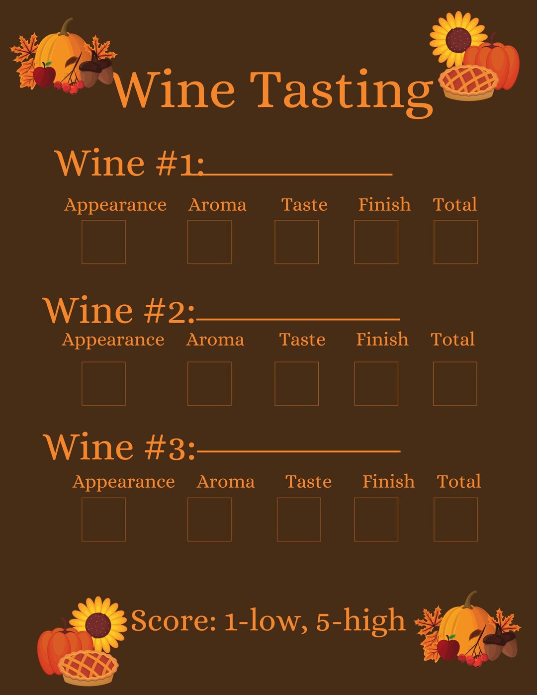 Festive Thanksgiving Wine Tasting Score Card, Printable, Instant ...