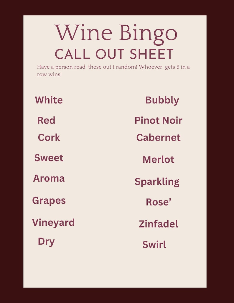 Wine Bingo, Printable, Digital Download, Party Games - Etsy