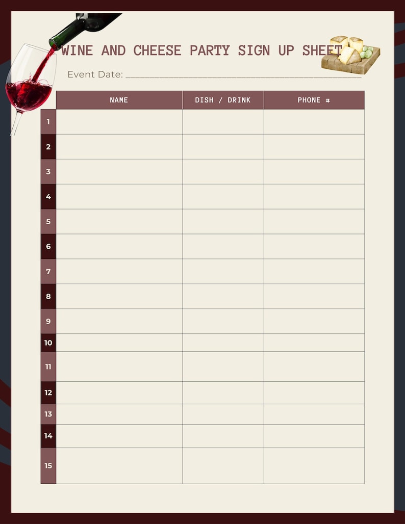 Wine and Cheese Party Sign up Sheet, Printable, Instant Downlead ...