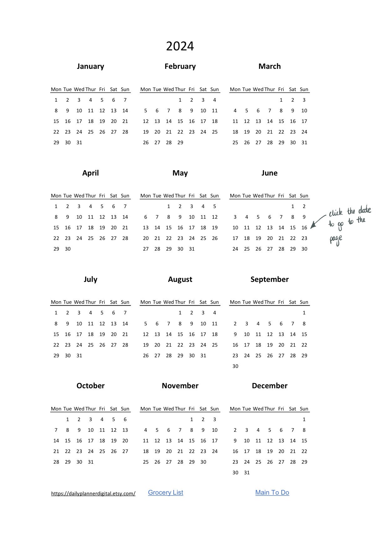 2024 Day Planner PDF monday Start Notability, Goodnotes, Interactive ...