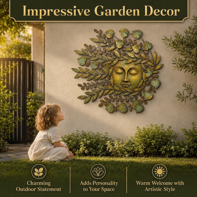 Botanical Moon Face Metal Wall Art, Leafy Garden Decor, Boho Nature ...