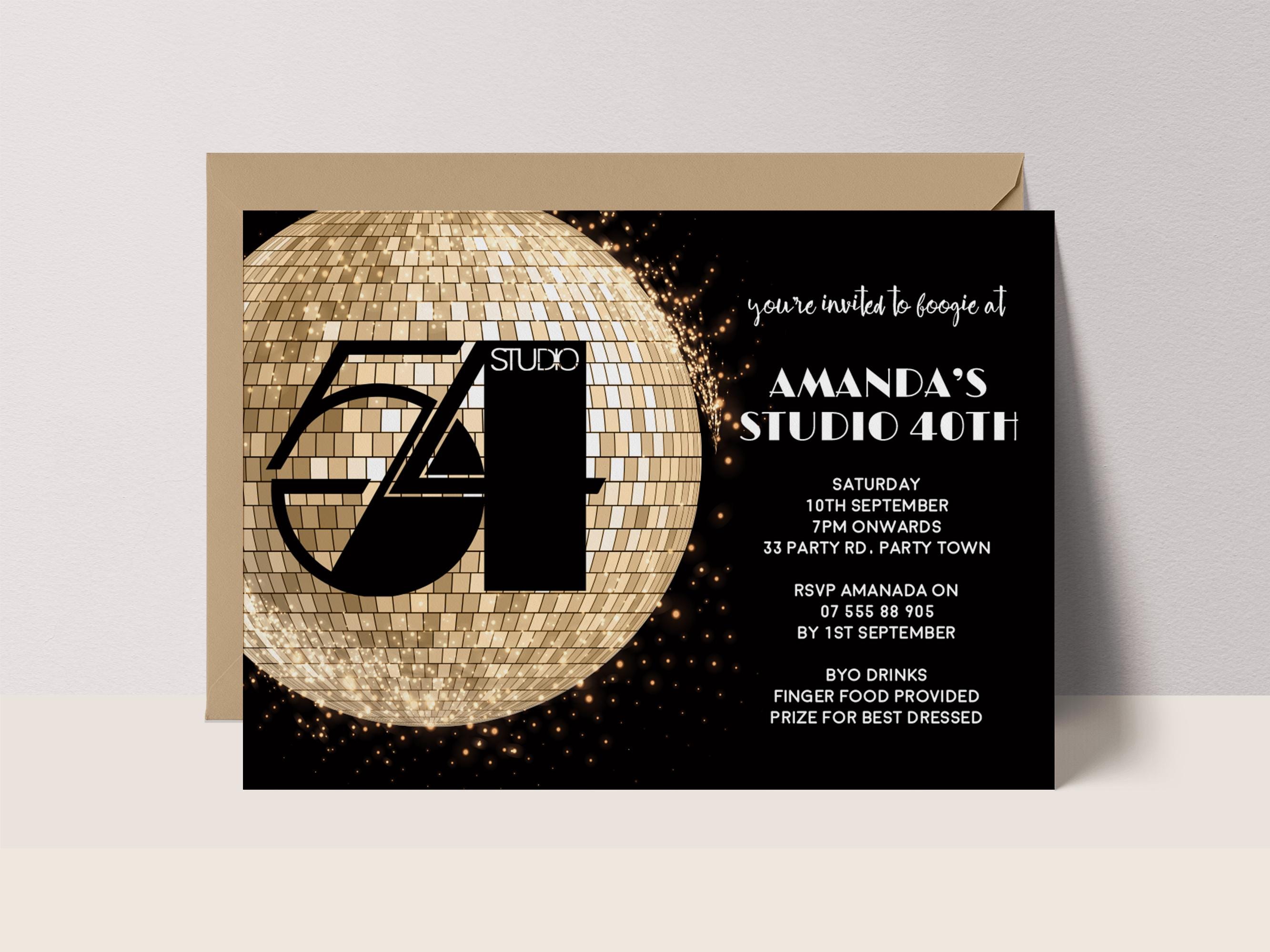 Studio 54 Party Invitations | Disco Gold Birthday Party Invitation ...
