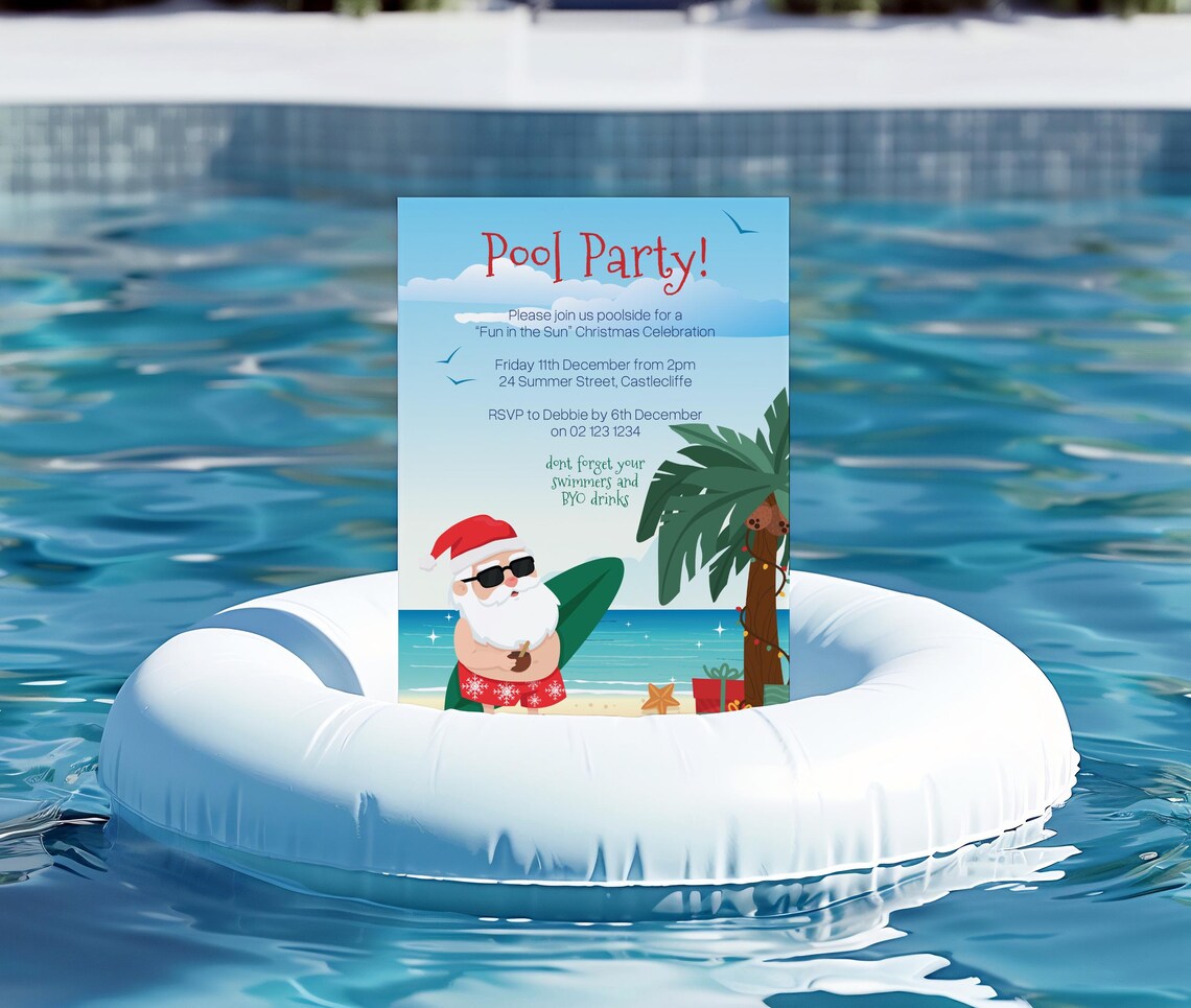 Christmas Pool Party Invitation, Summer Christmas Invite Template ...