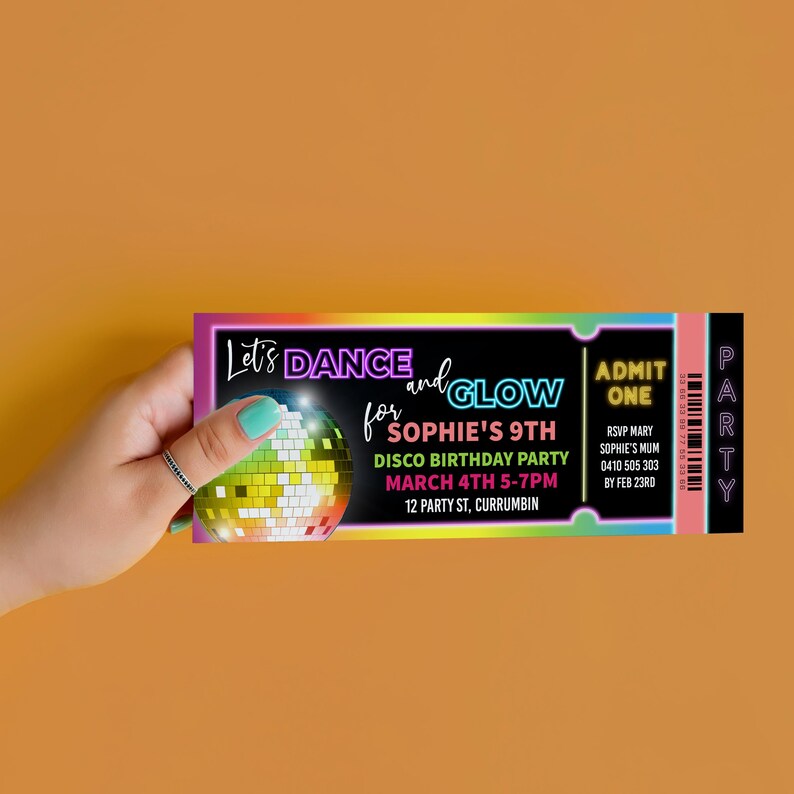 Editable Disco Party Birthday Invitation Ticket, Dance & Glow Disco ...