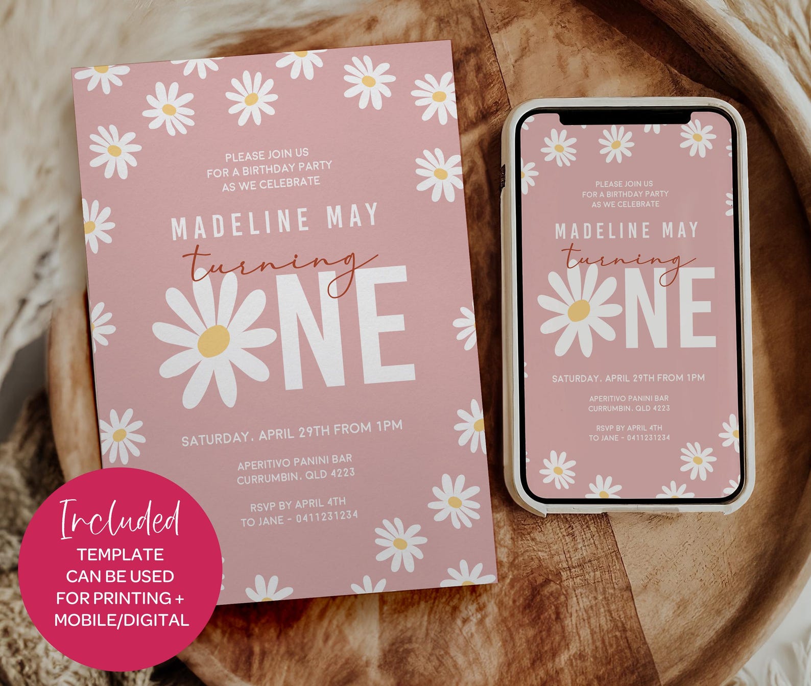 Daisy First Birthday Invitation Template: Girls 1st Party Invite ...