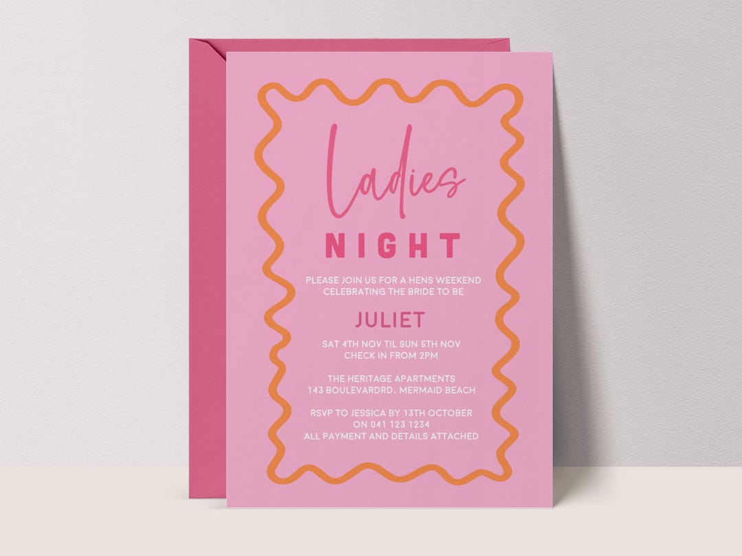 Wavy Hens Night Invitation - Pink Orange Editable Template #WAV3 - Etsy