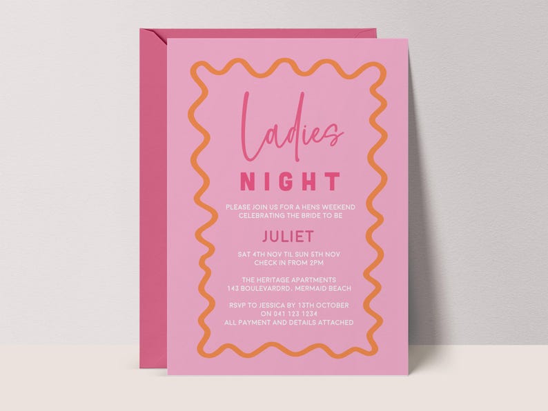 Wavy Hens Night Invitation - Pink Orange Editable Template #WAV3 - Etsy