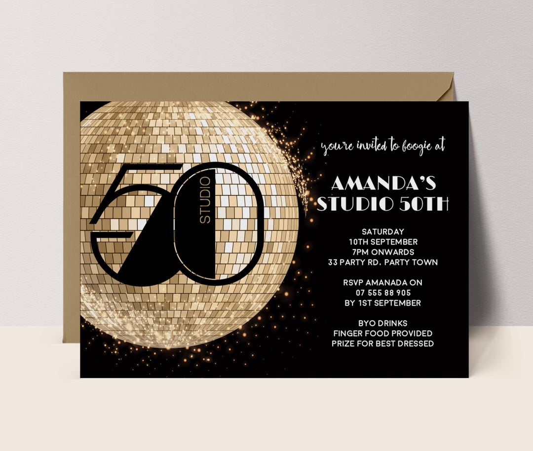 Studio 50th Birthday Invitations: Disco Gold Party Invite Template ...