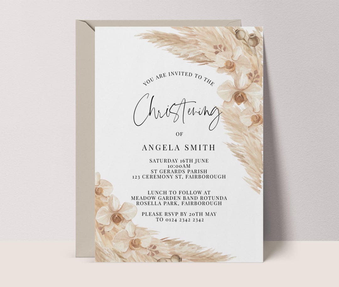 Boho Christening Invitation Template: Pampas Grass, Neutral Colors ...