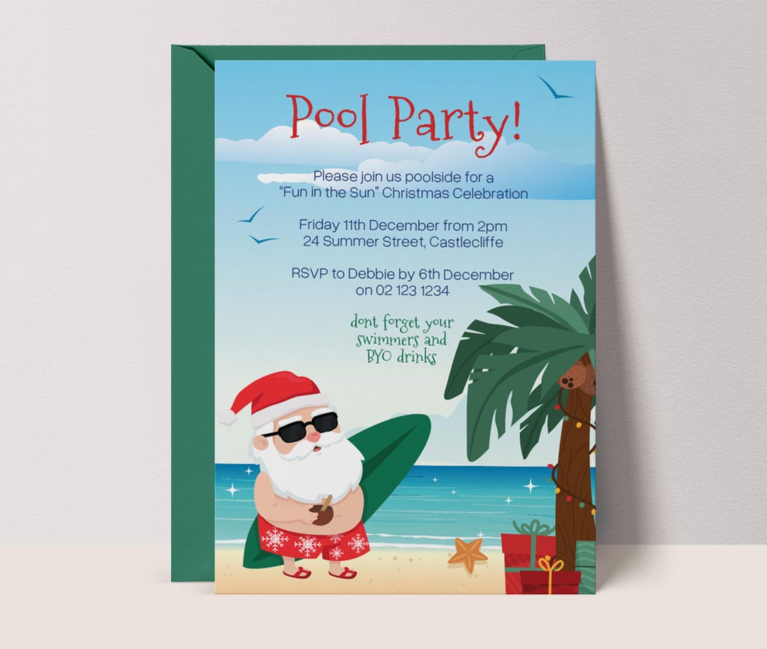 Christmas Pool Party Invitation, Summer Christmas Invite Template ...