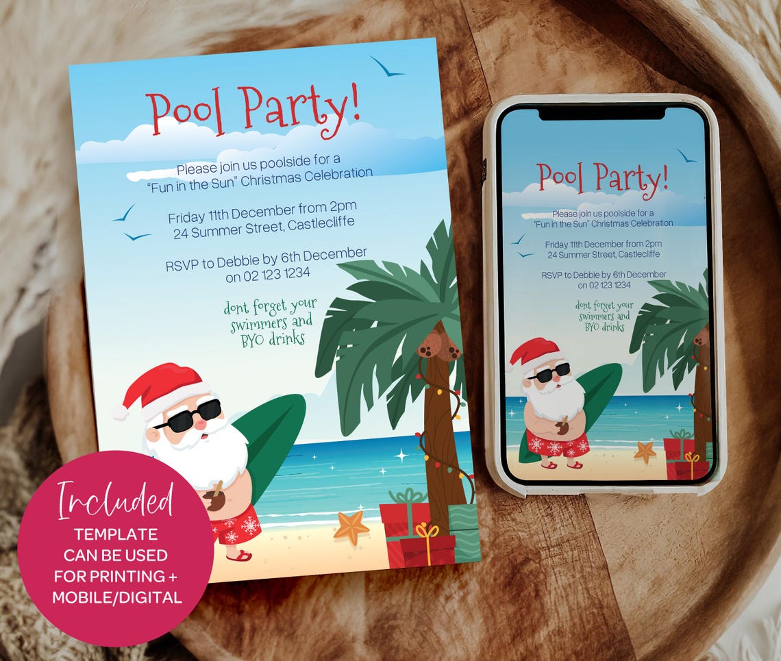 Christmas Pool Party Invitation, Summer Christmas Invite Template ...