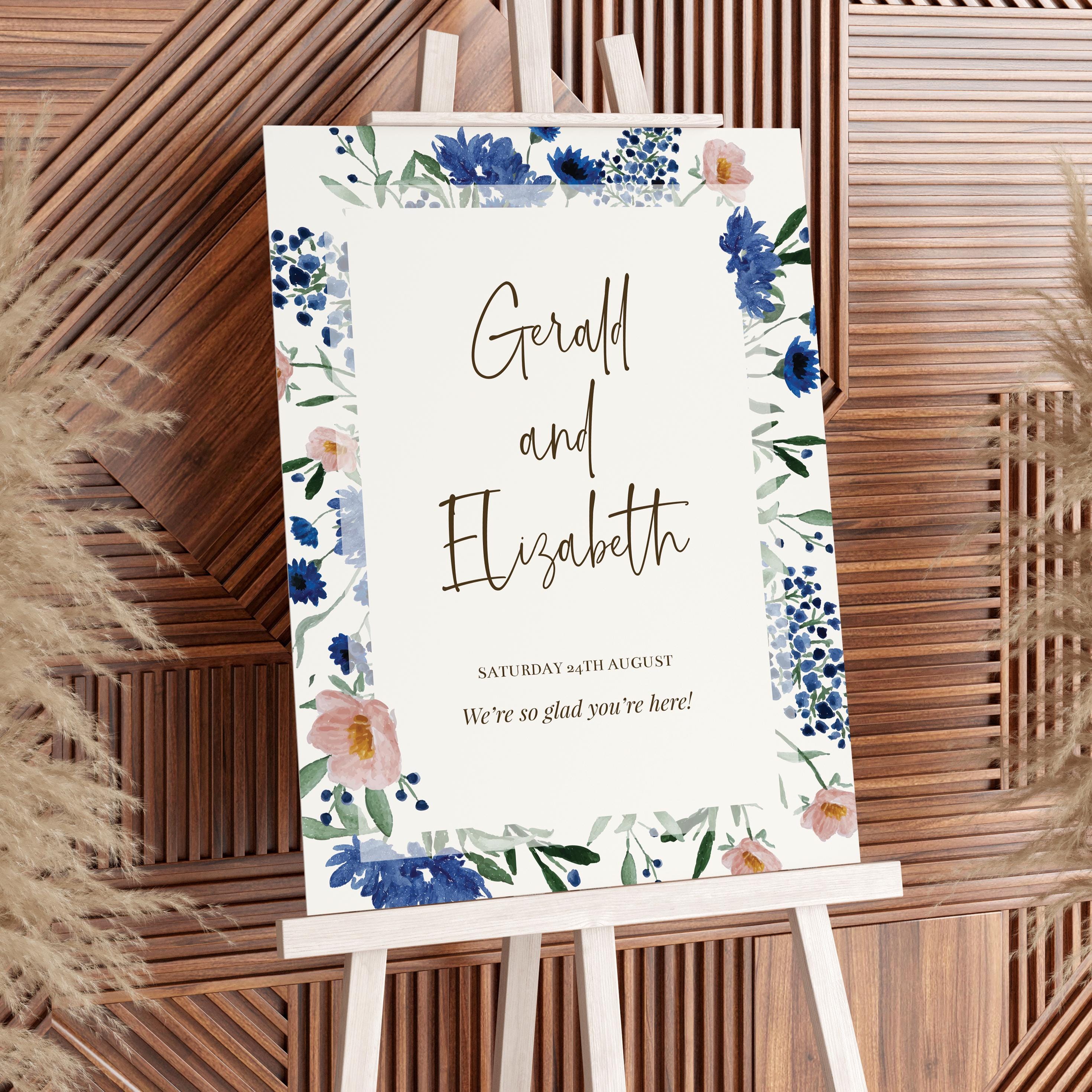 Blue Floral Wedding Welcome Sign Personalised Modern Wedding Welcome ...
