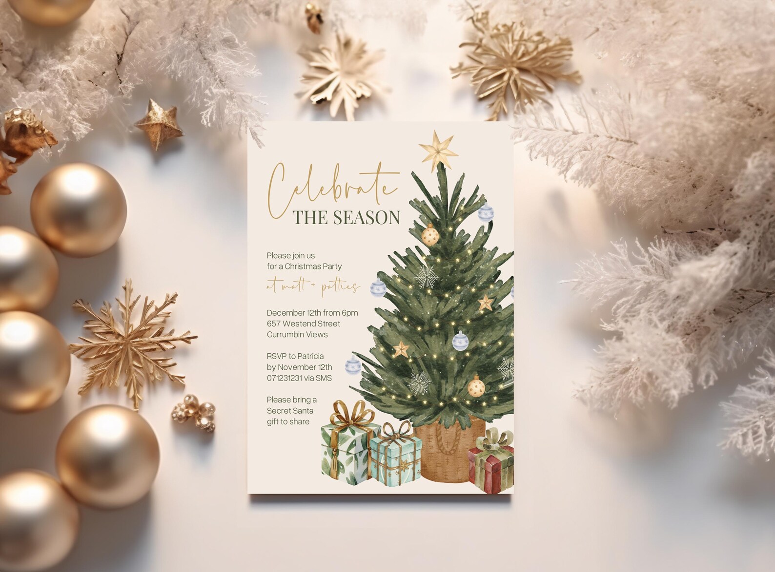Editable Christmas Party Invitation | Gold Neutral Boho Christmas Party ...