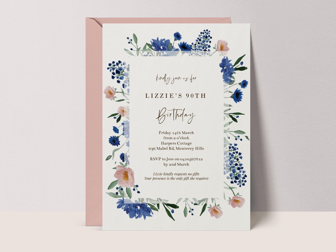 Blue Floral Birthday Invitation Template Digital Floral Birthday ...