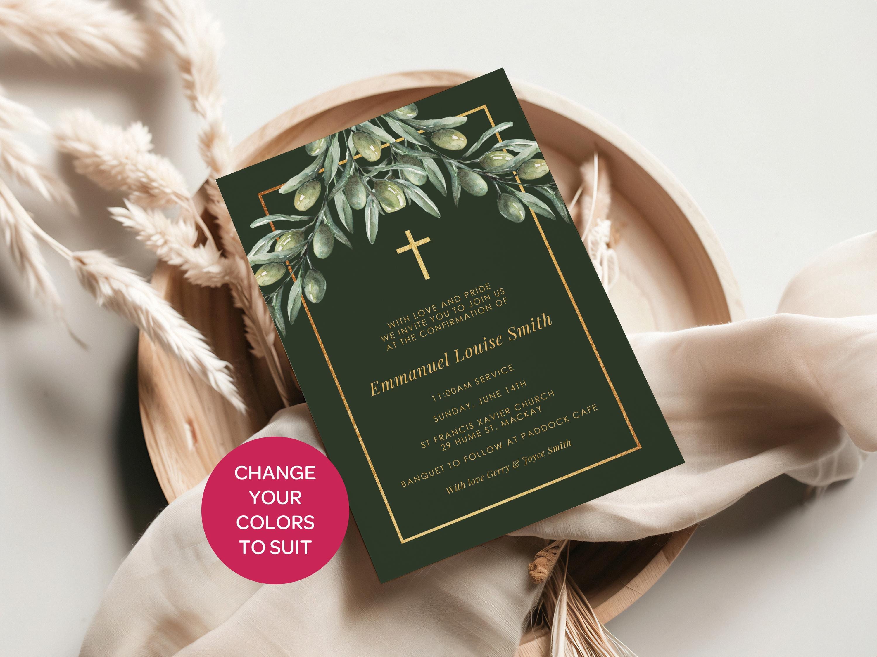 Editable Religious Invitation Template | Boy + Girl Tuscan Olives Gold ...
