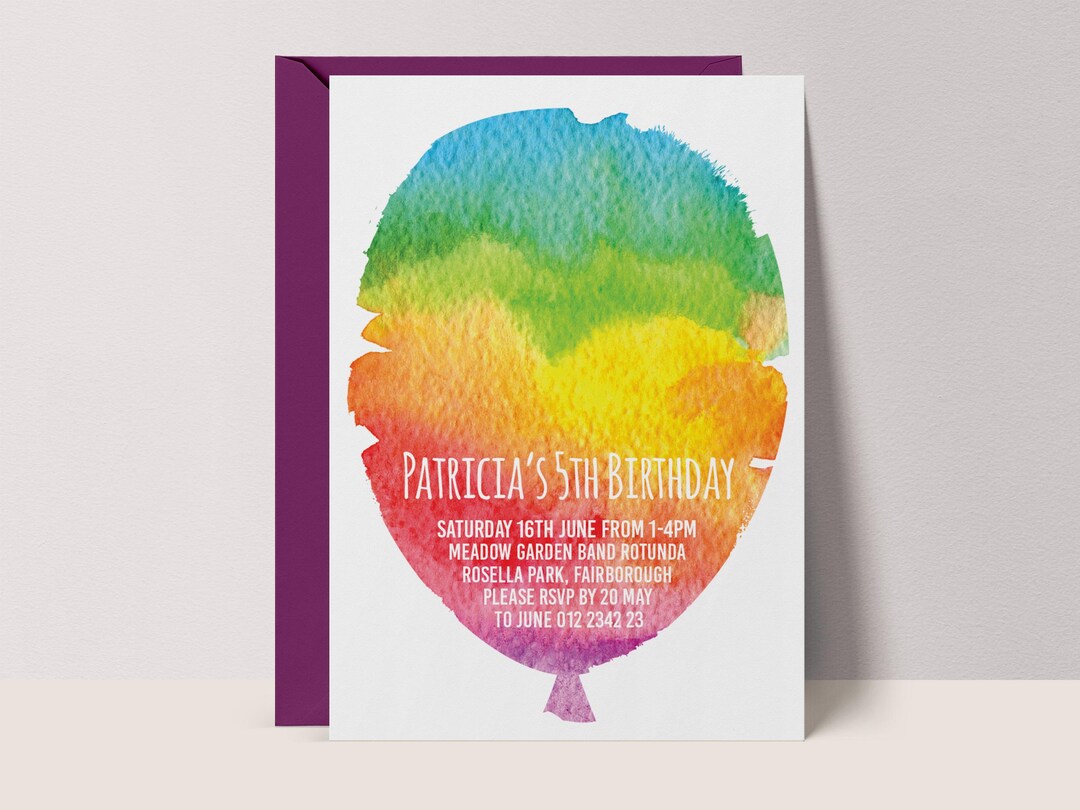 Editable Rainbow Balloon Birthday Invitation Template, Watercolor ...