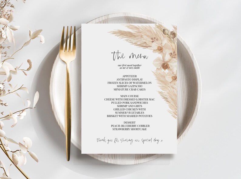 Printable Bohemian Wedding Menus | Custom Wedding Menu Template ...