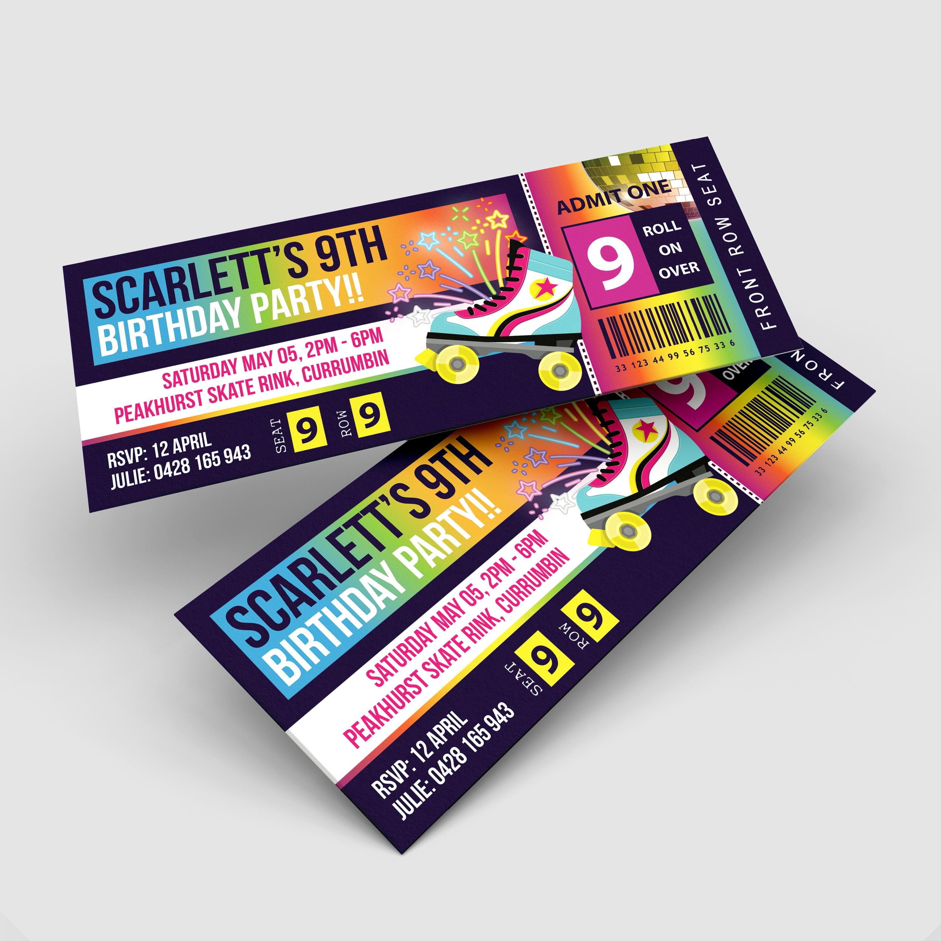 Skating Rink Disco Birthday Invitation Roller Skate Ticket Birthday ...