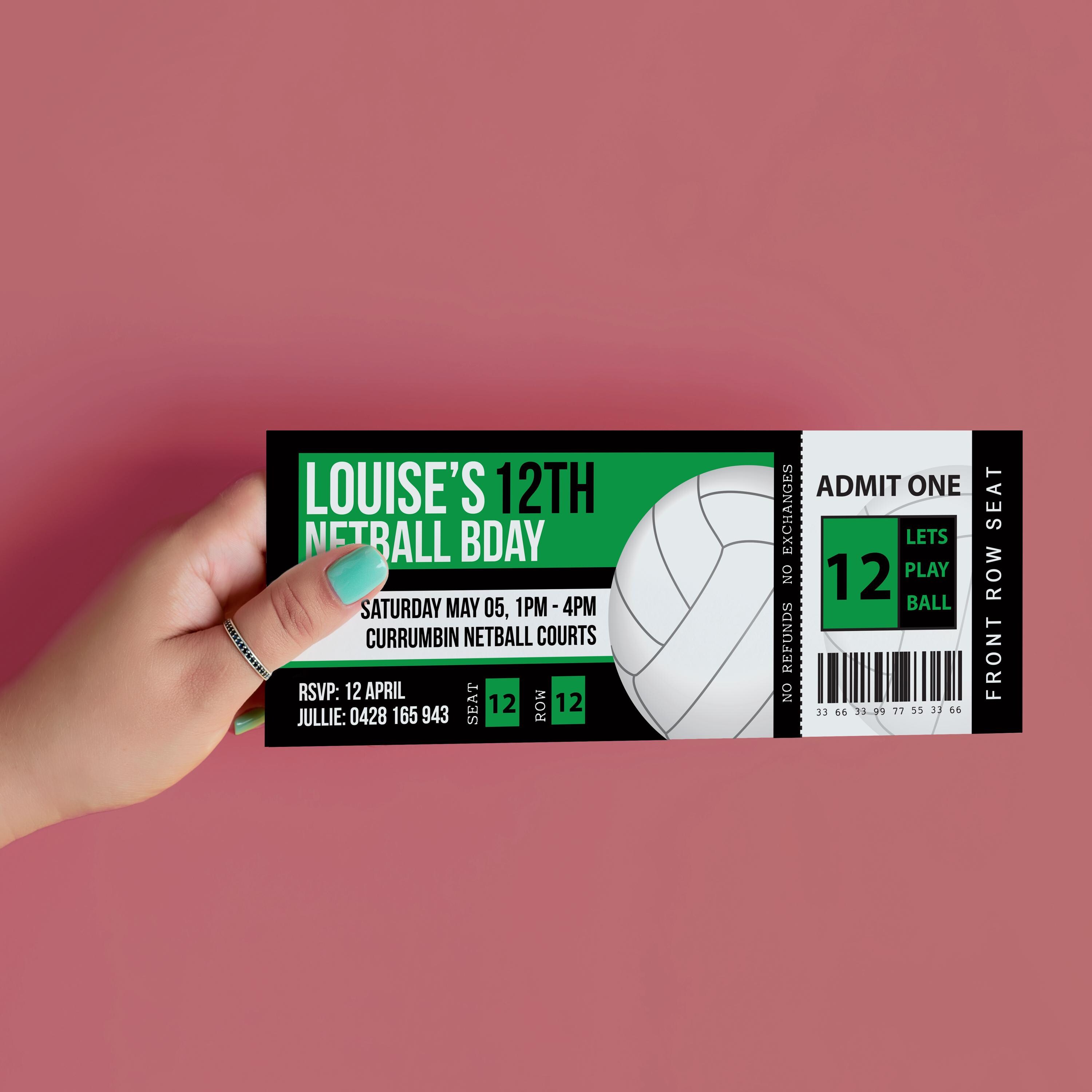 Editable Netball Birthday Invitation Custom Netball Ticket Party Invite ...