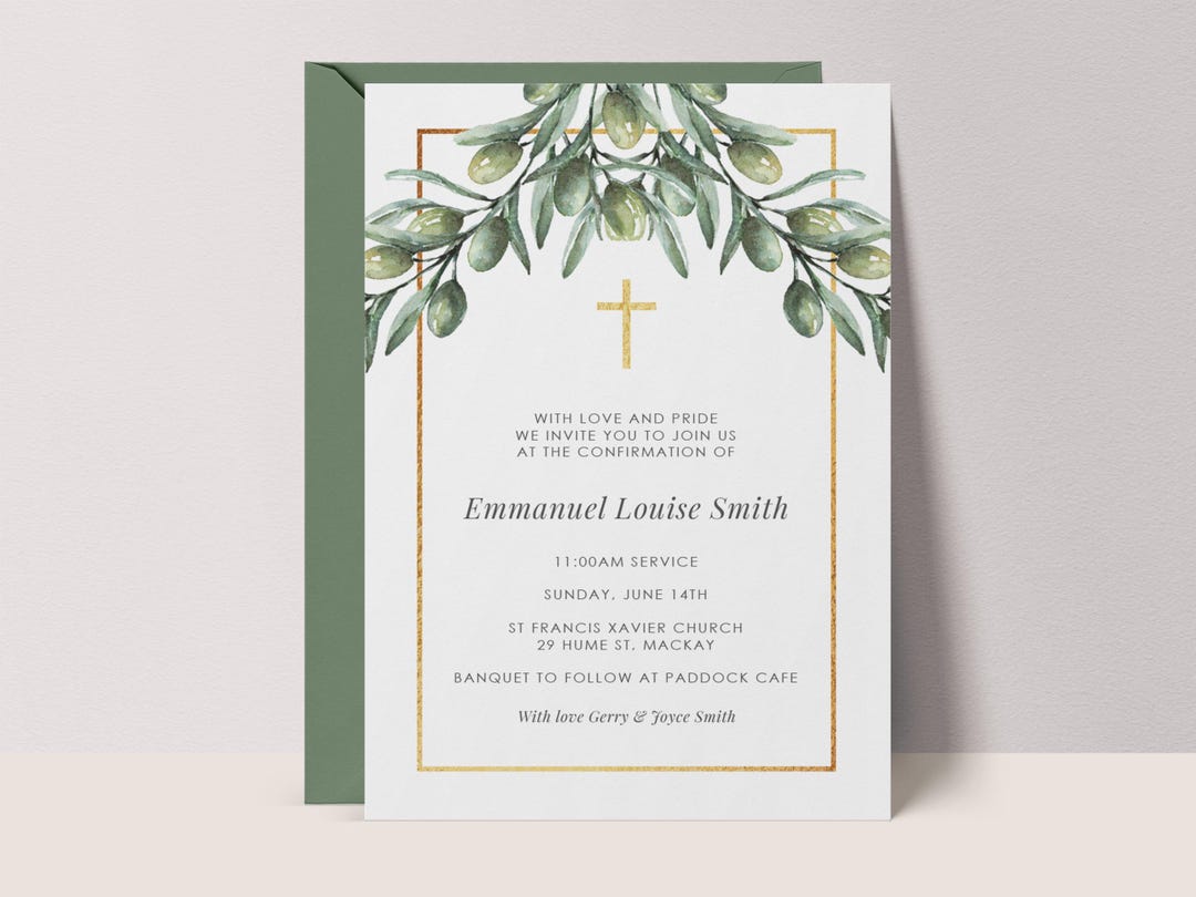 Editable Religious Invitation Template | Boy + Girl Tuscan Olives Gold ...